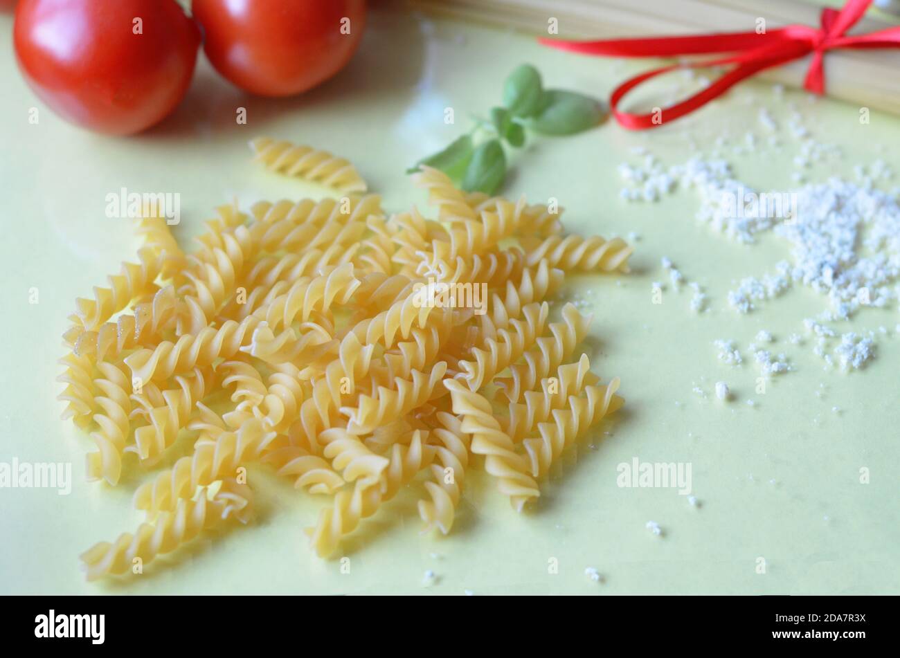 composition of healthy food ingredients on yellow white background, top ...