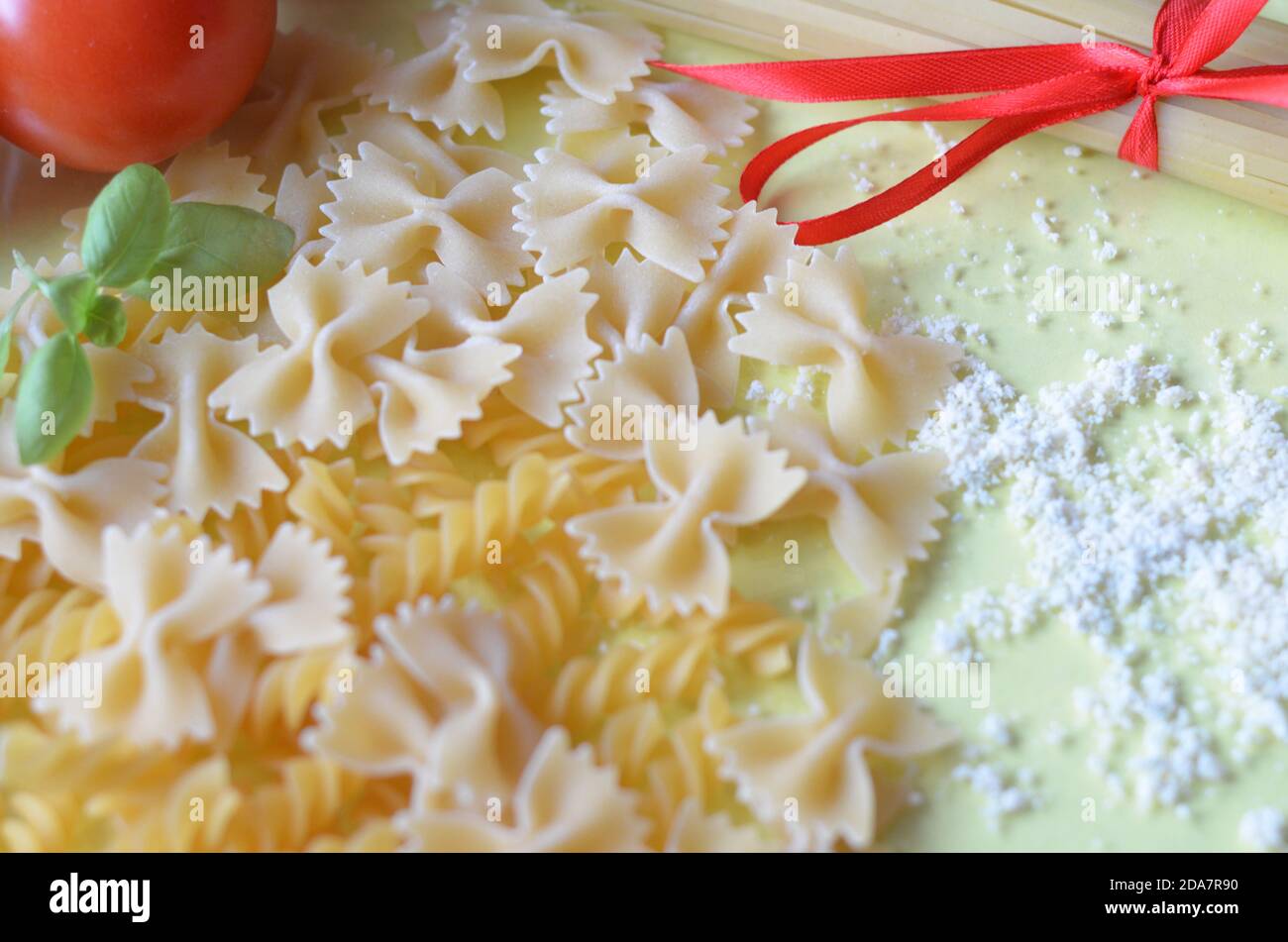 composition of healthy food ingredients on yellow white background, top ...