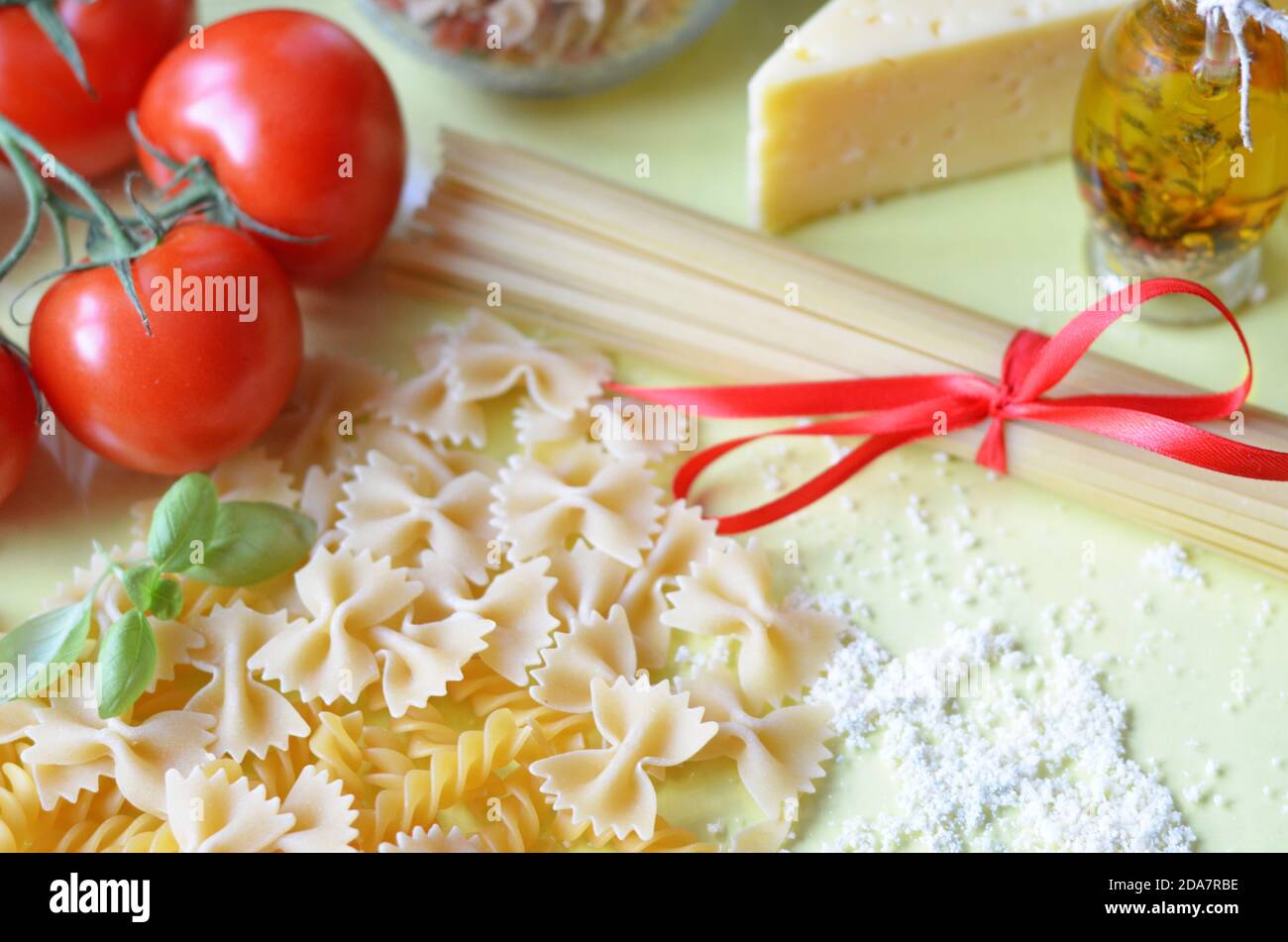 composition of healthy food ingredients on yellow white background, top ...