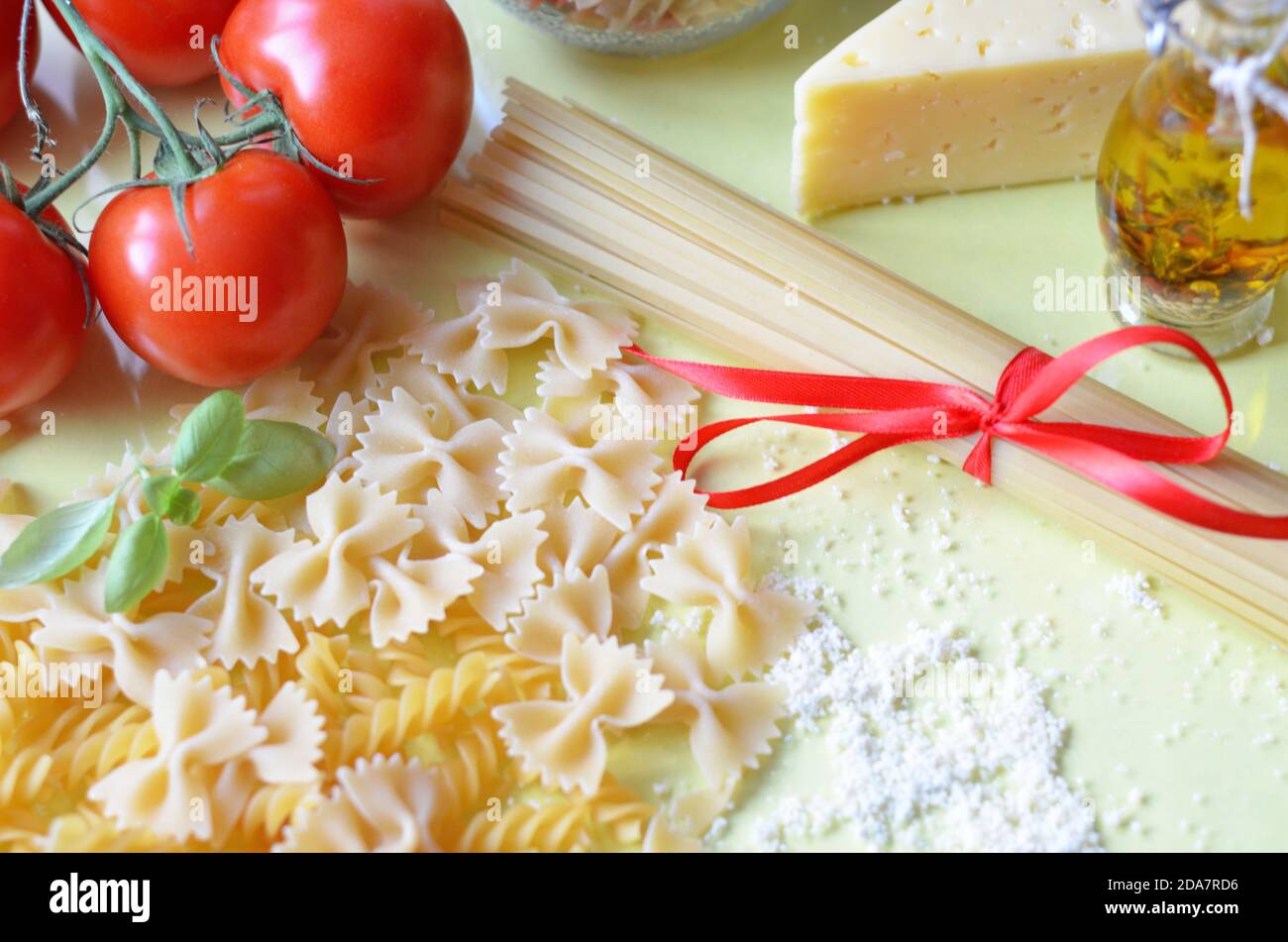 composition of healthy food ingredients on yellow white background, top ...