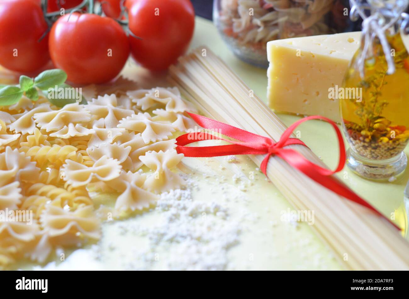 composition of healthy food ingredients on yellow white background, top ...