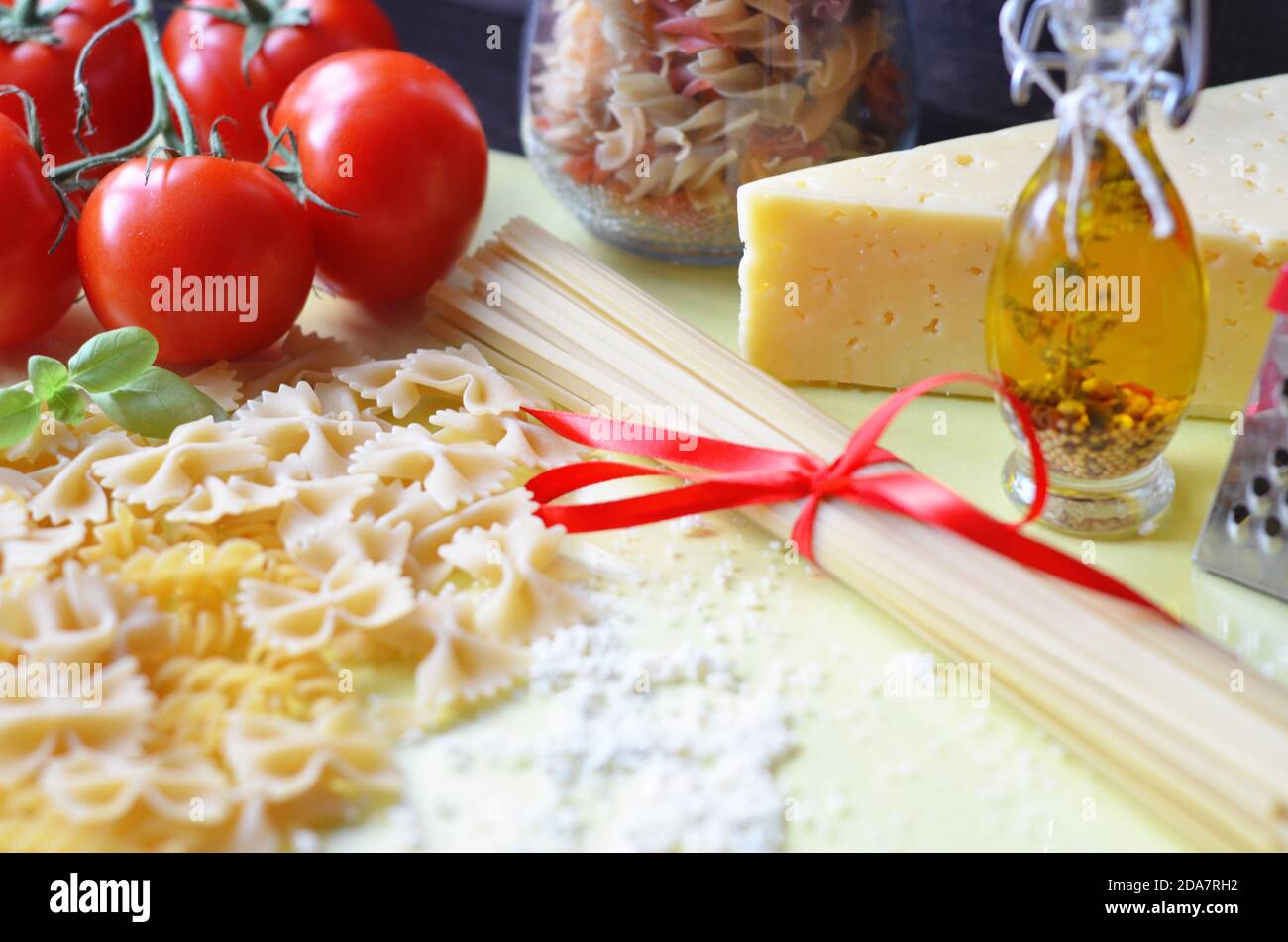 composition of healthy food ingredients on yellow white background, top ...