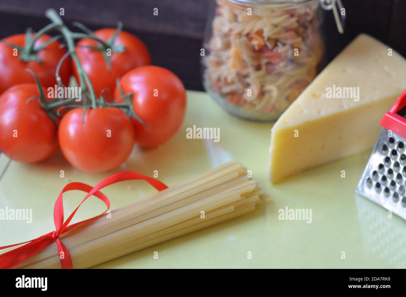 composition of healthy food ingredients on yellow white background, top ...