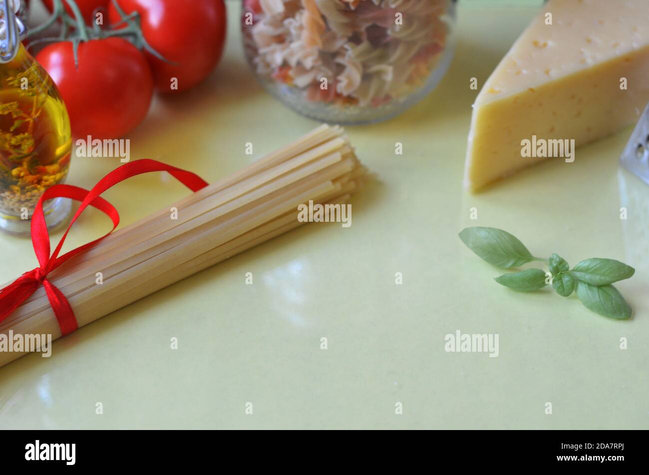 composition of healthy food ingredients on yellow white background, top ...