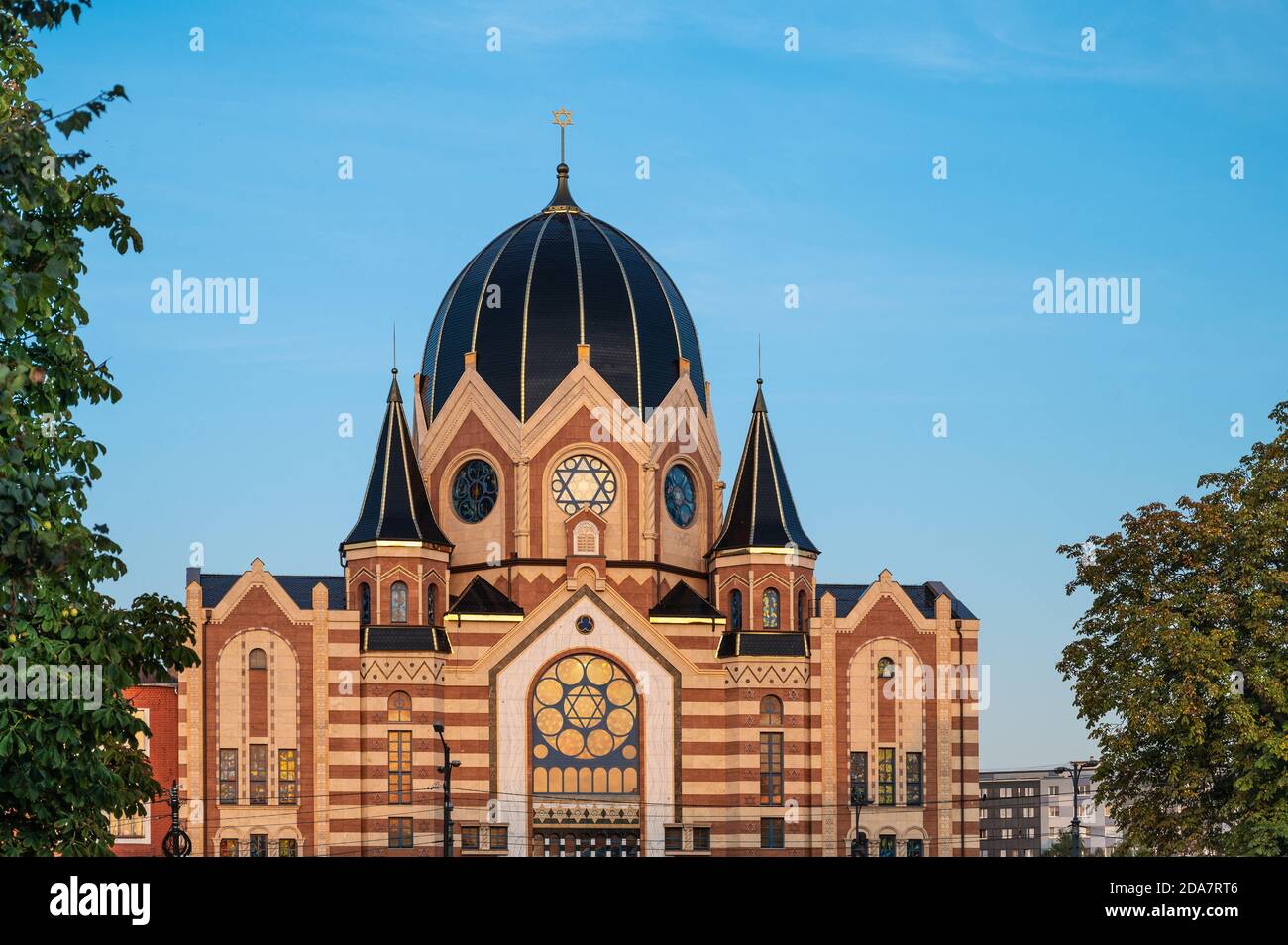 Old synagogue against blue sky and trees, Kaliningrad, Russia, copy ...