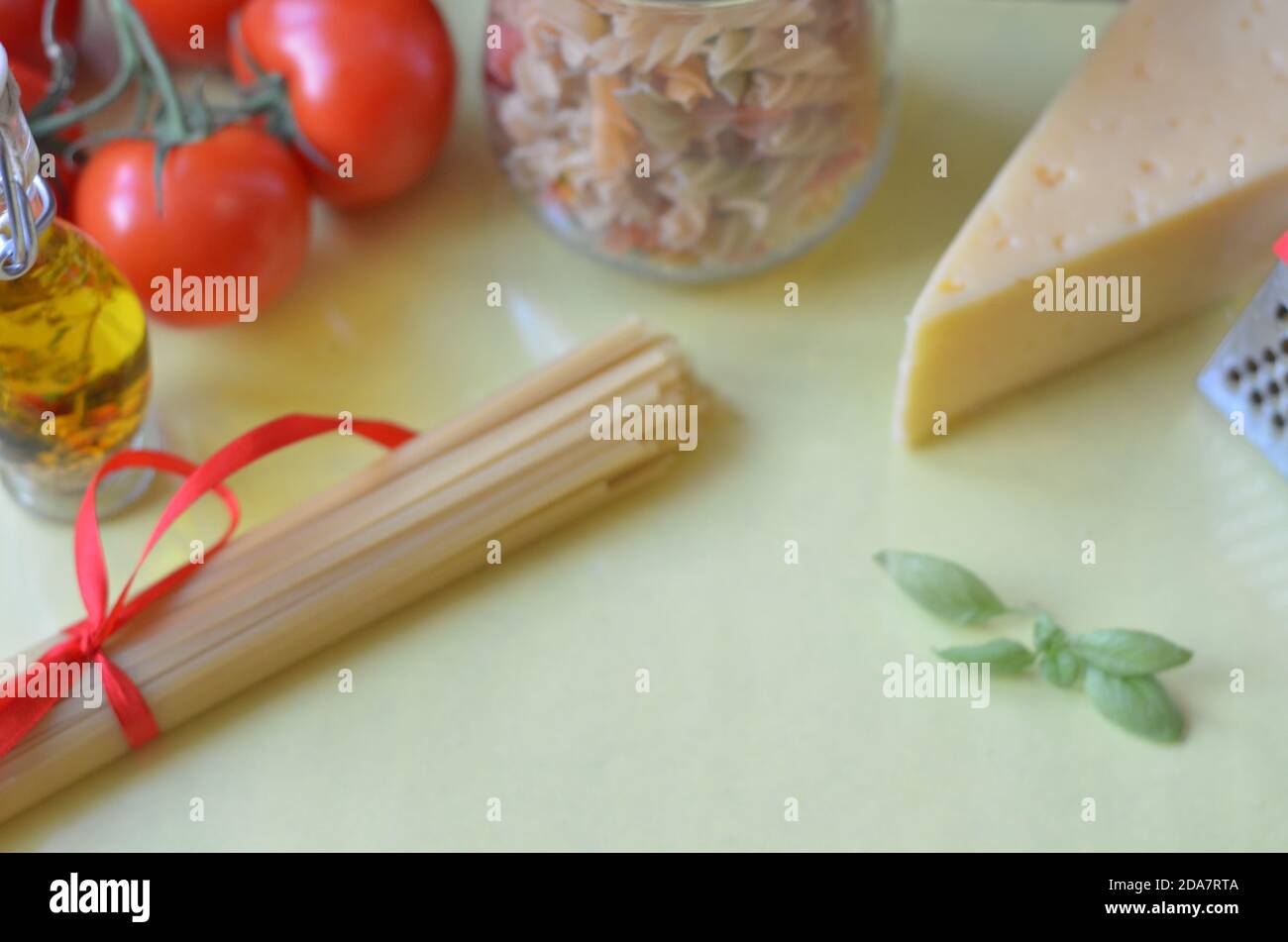 composition of healthy food ingredients on yellow white background, top ...