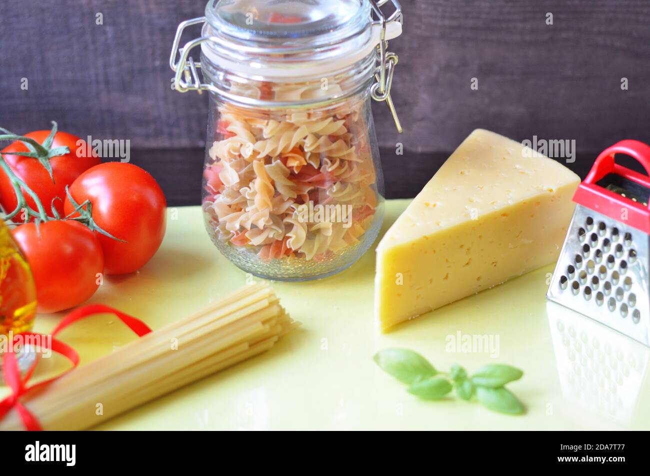 composition of healthy food ingredients on yellow white background, top ...