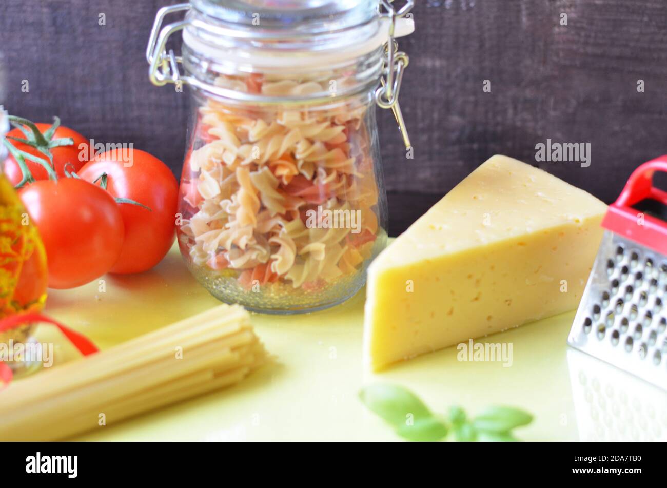 composition of healthy food ingredients on yellow white background, top ...