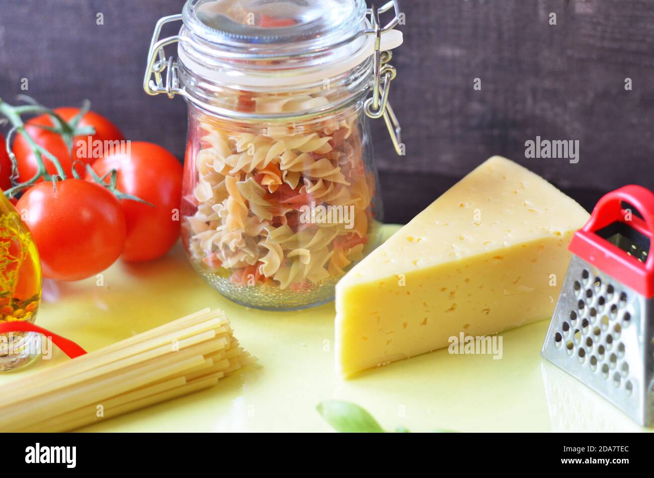 composition of healthy food ingredients on yellow white background, top ...