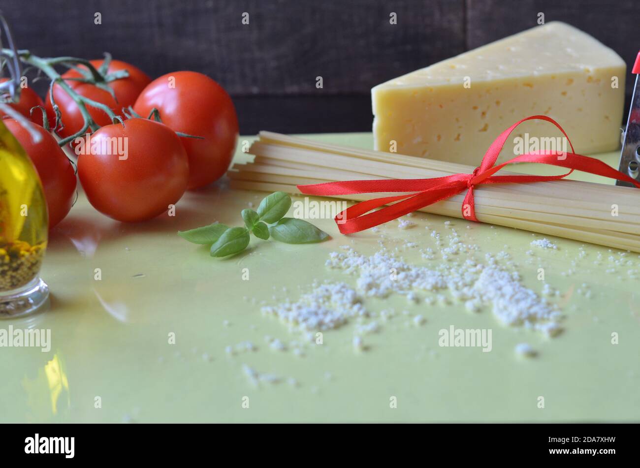 composition of healthy food ingredients on yellow white background, top ...