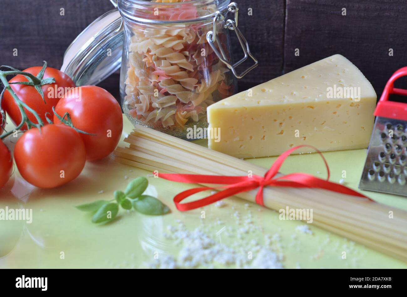 composition of healthy food ingredients on yellow white background, top ...