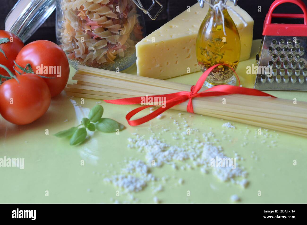 composition of healthy food ingredients on yellow white background, top ...