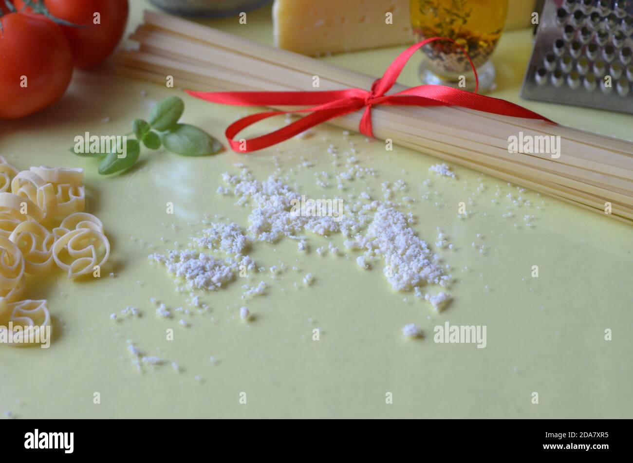 composition of healthy food ingredients on yellow white background, top ...