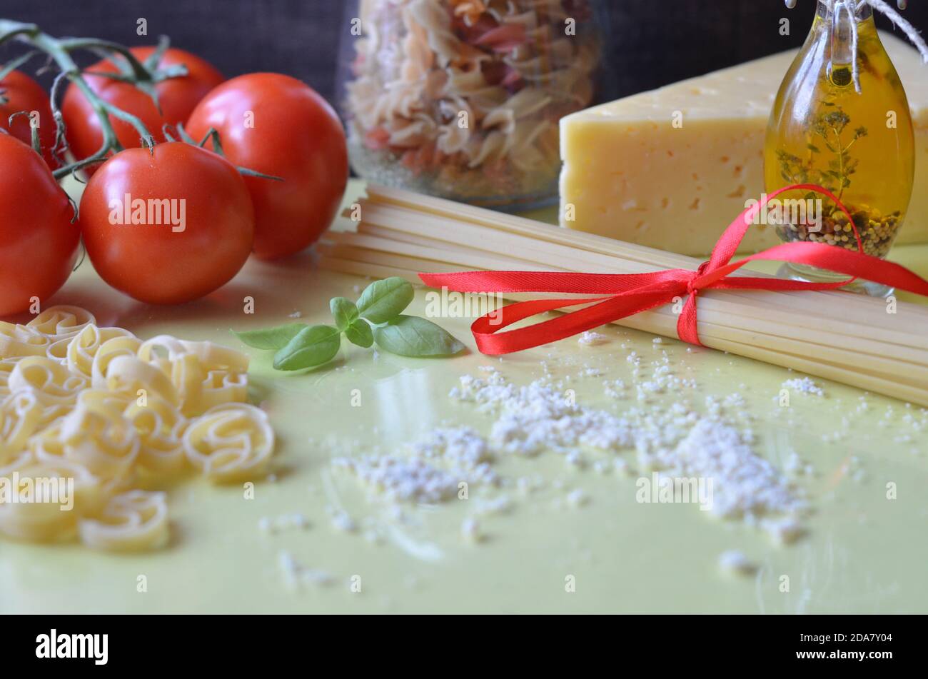 composition of healthy food ingredients on yellow white background, top ...