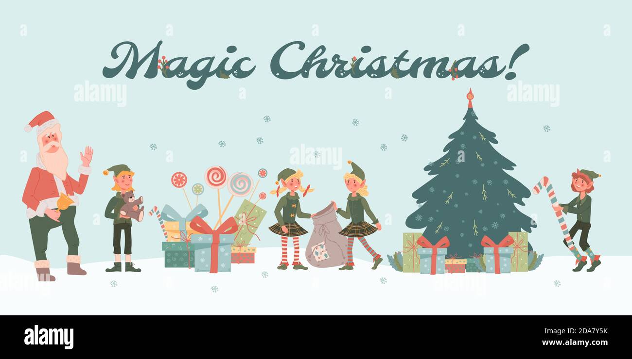 Magic Christmas poster or banner with elves and Santa flat vector ...
