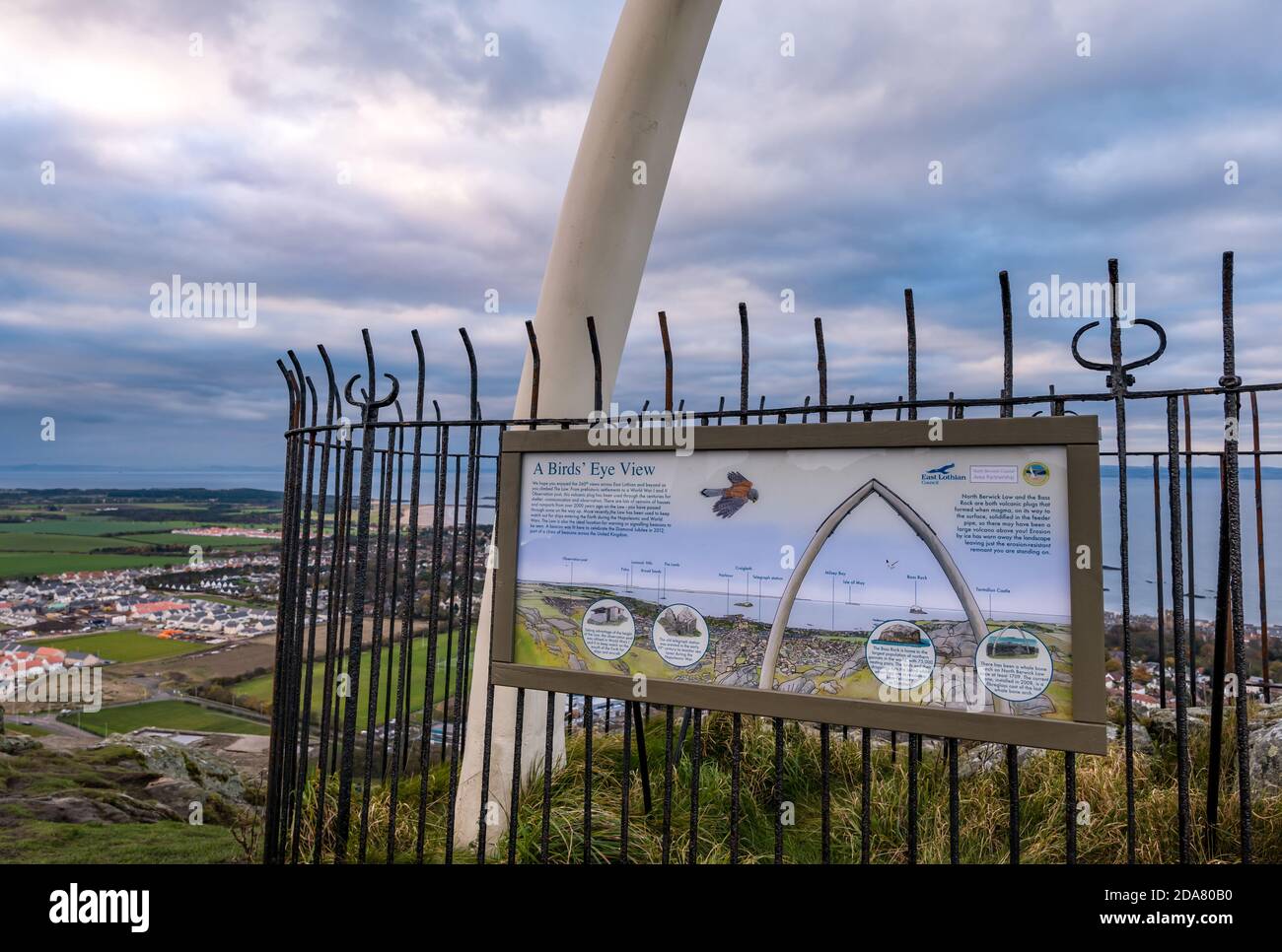 Information board on top of Berwick Law viewpoint with artificial ...