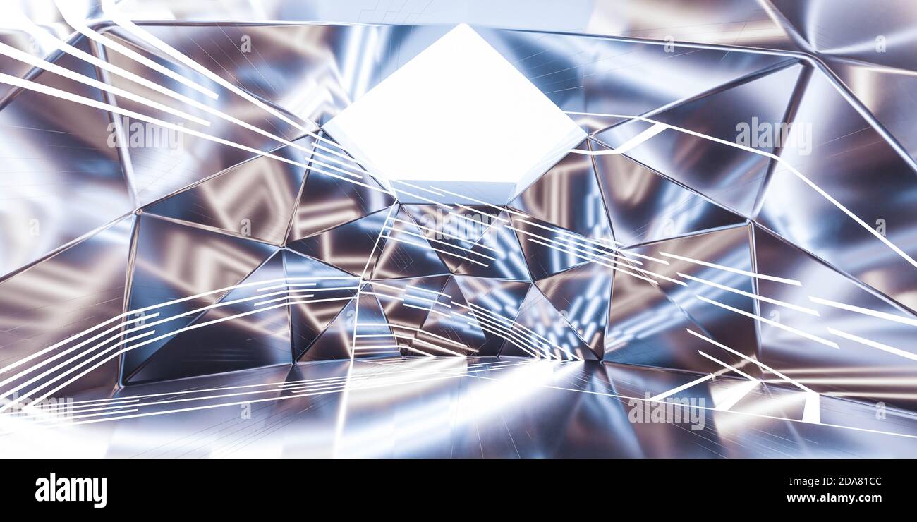 Abstract retro silver geometric shape with blue lights and white ...