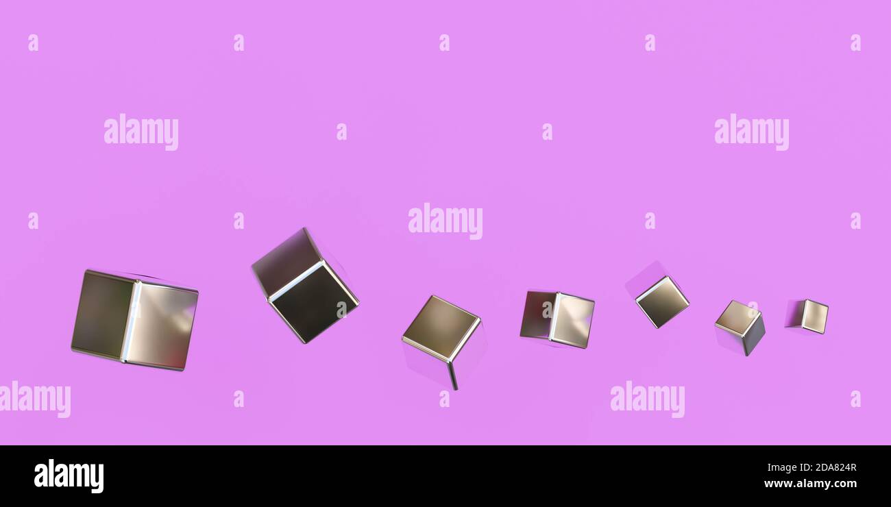 Different flying abstract metal cubes on pink background 3d rendering ...