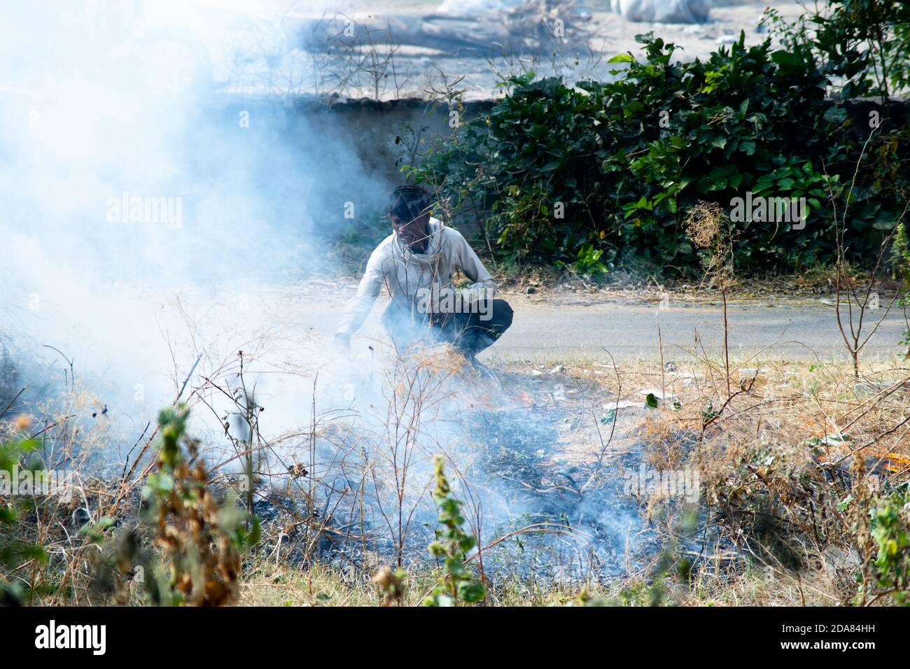 Fire burning crops garbage and more in a field and side of road causing ...