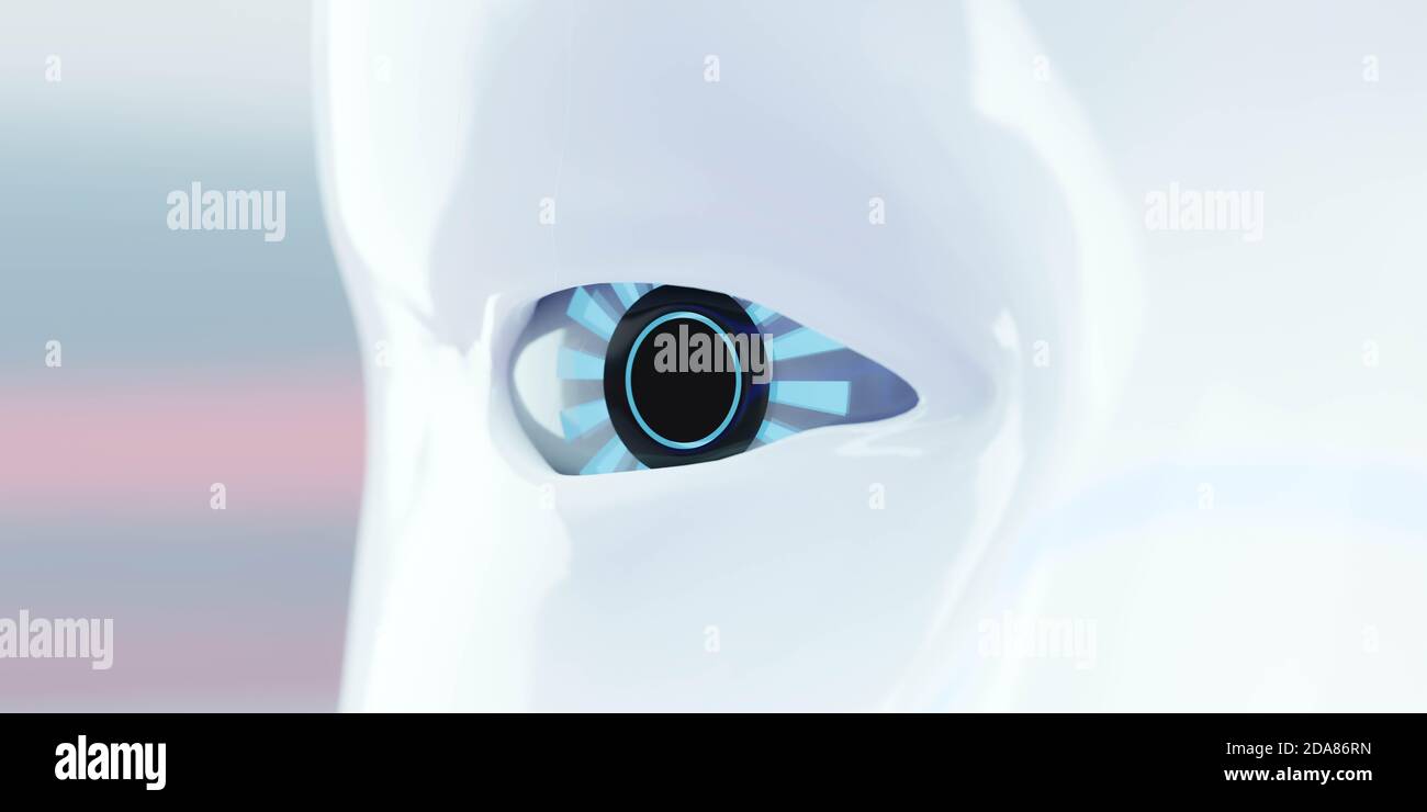 Close-up on a robotic eye 3d rendering digital illustration. modern ...
