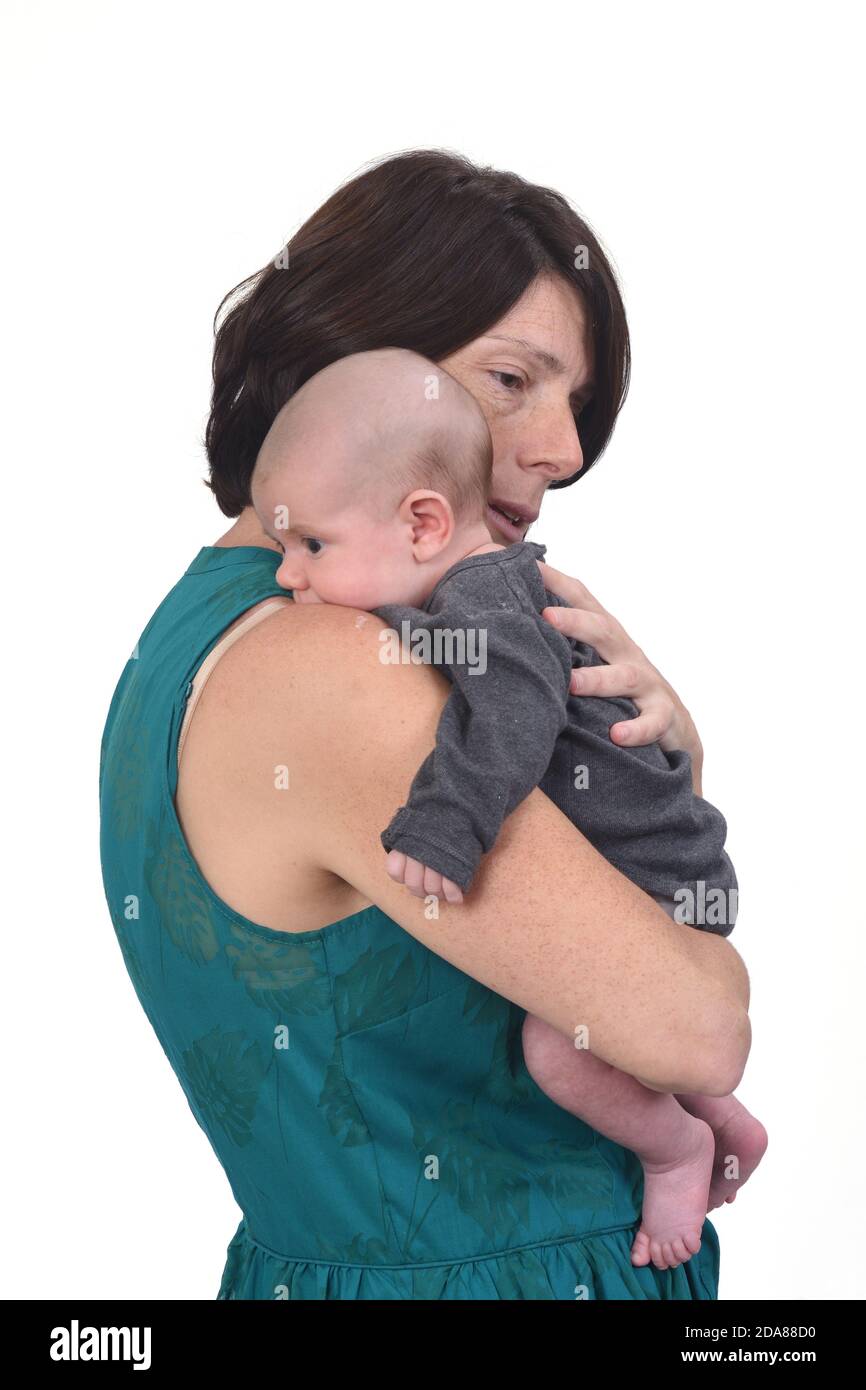 side view of a mother with her baby on white background Stock Photo - Alamy
