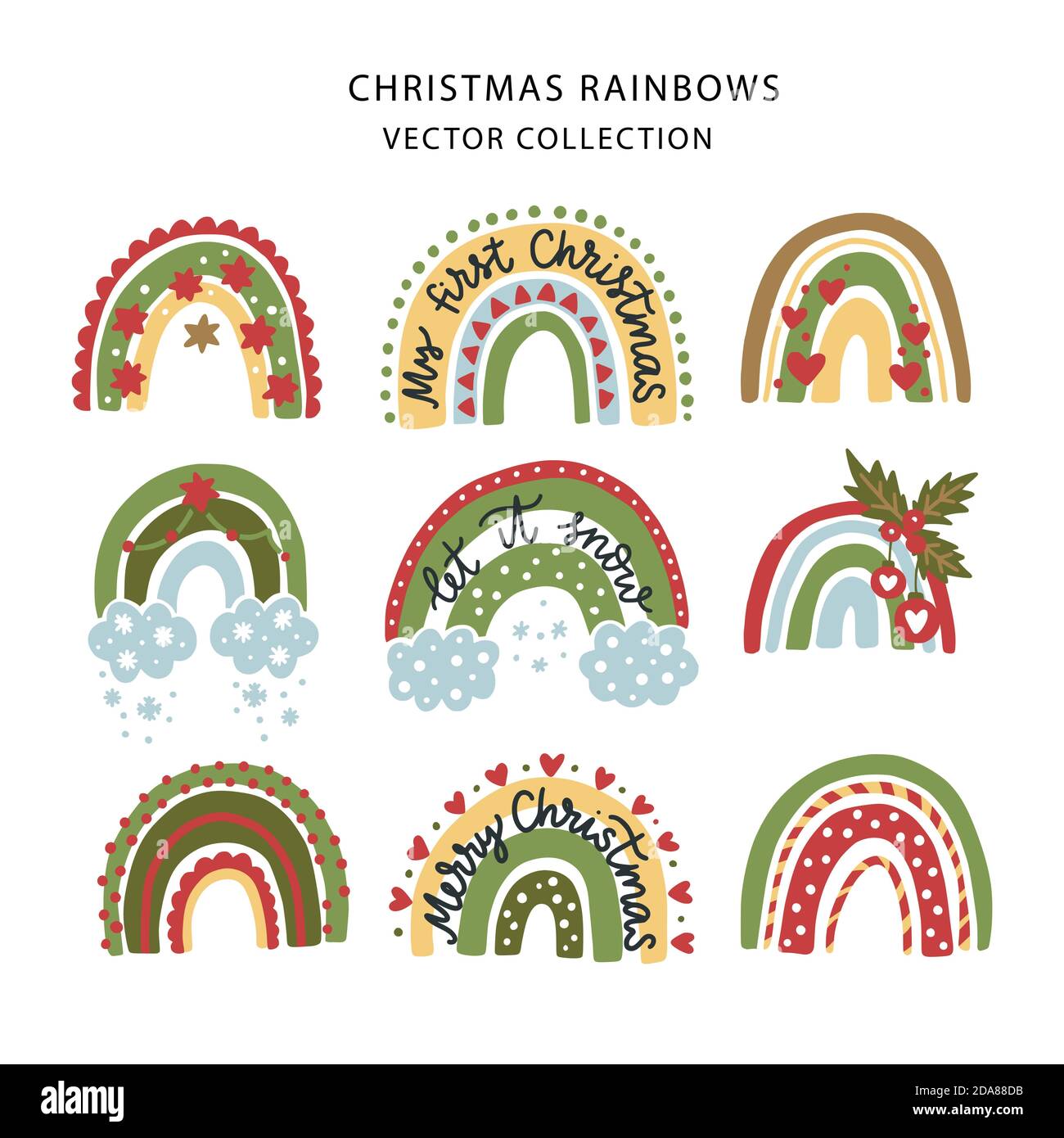Christmas rainbow vector set. Trendy nursery icon collection. Winter ...