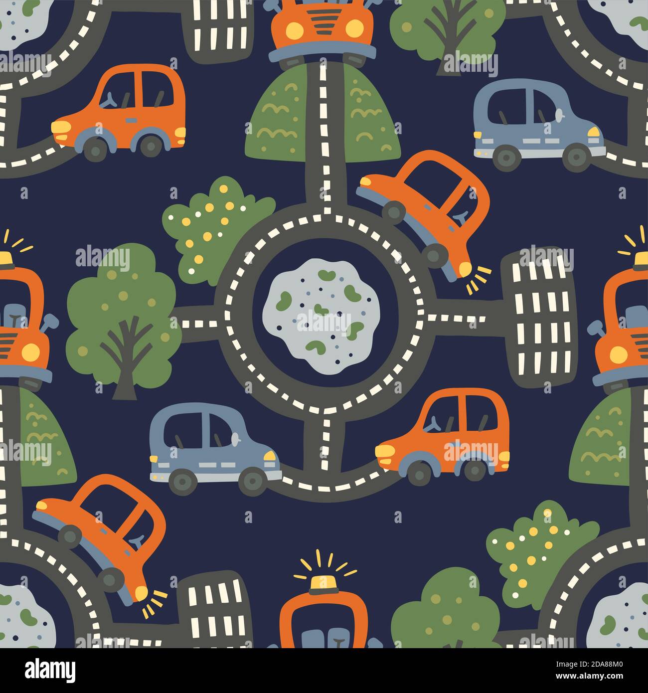 City red and blue car on a road seamless vector pattern. Travel baby ...
