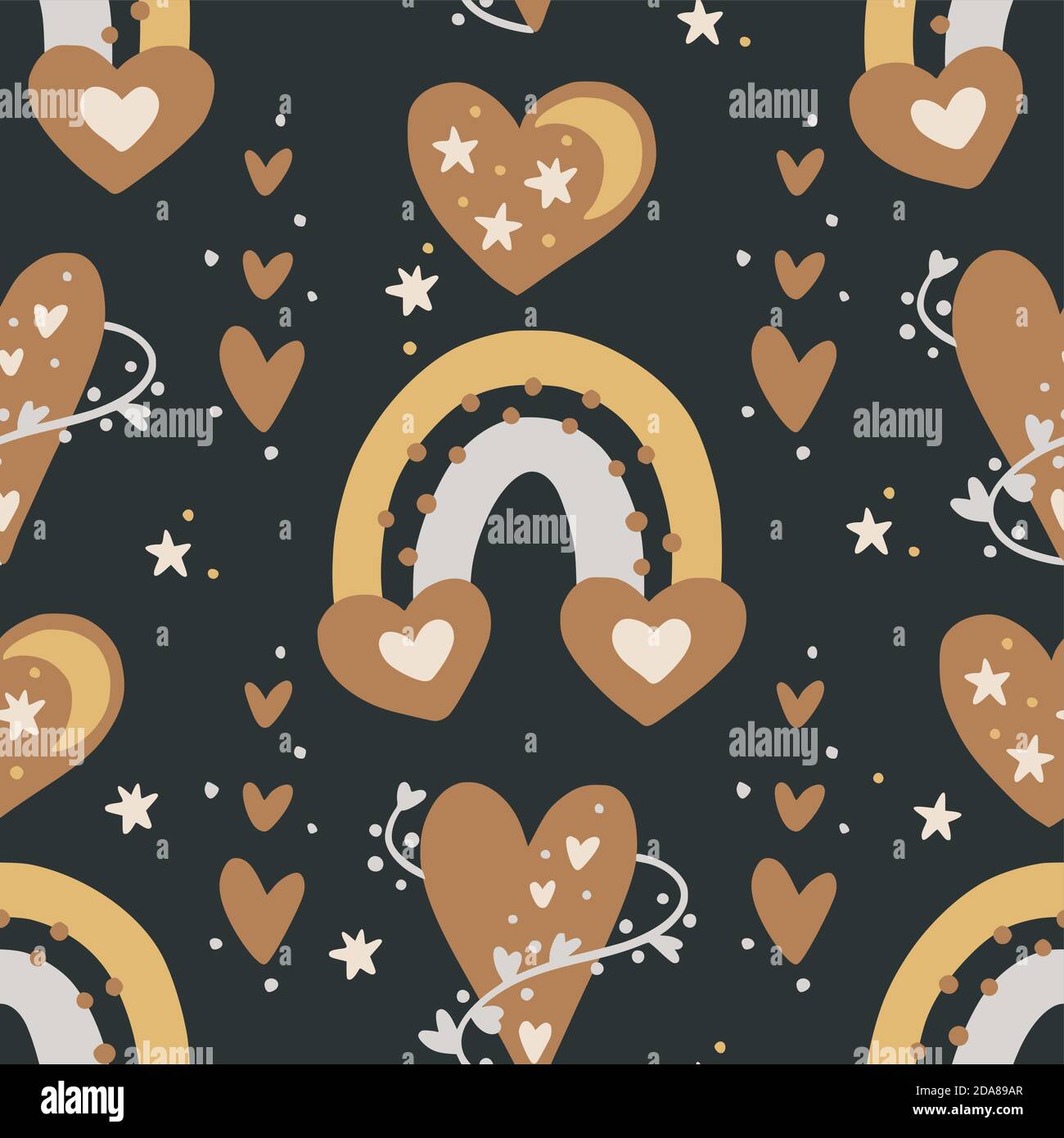 Kids bohemian vector seamless pattern with heart and rainbow. Hand ...