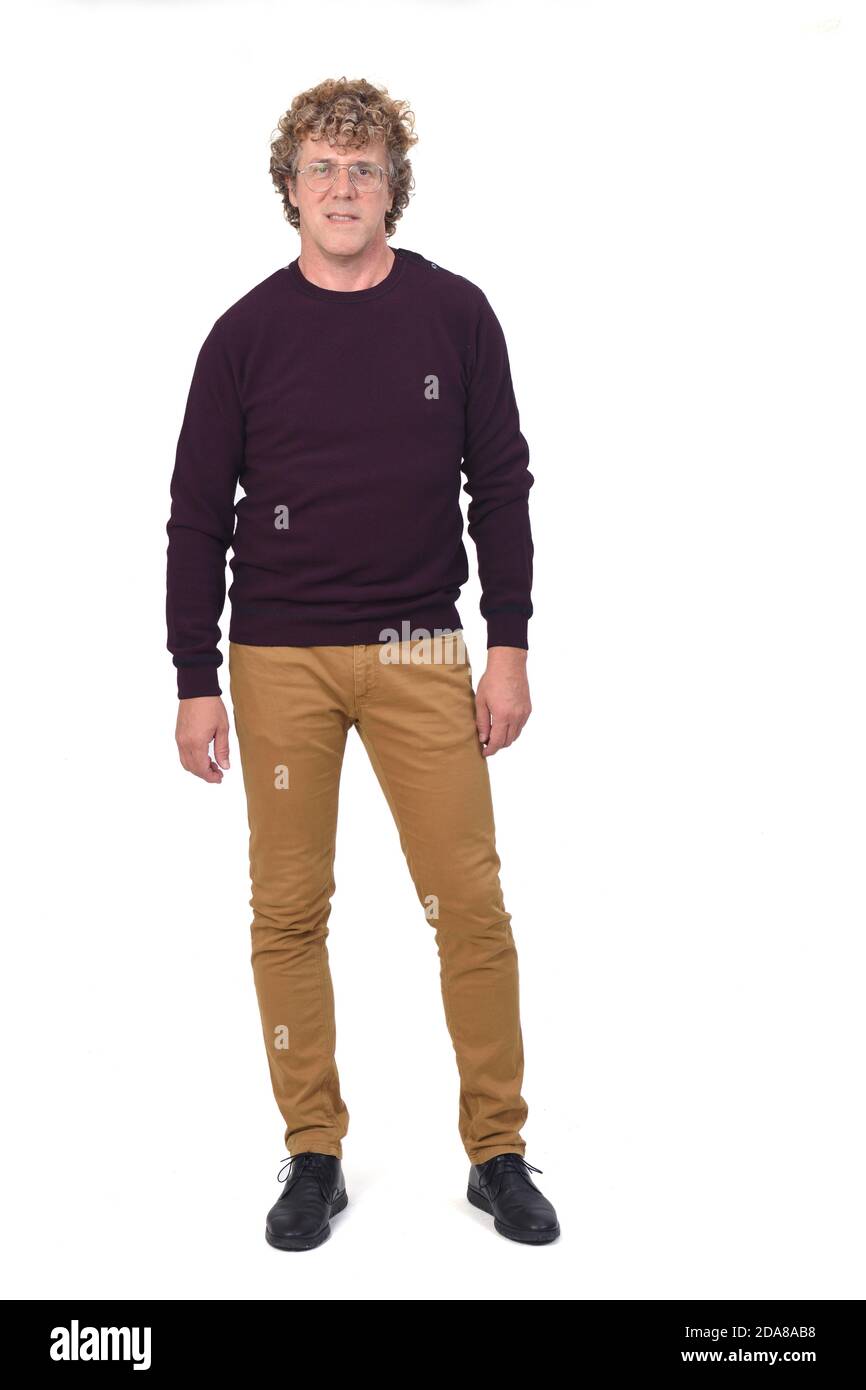 full portrait of a man, front view with curly hair and white background ...