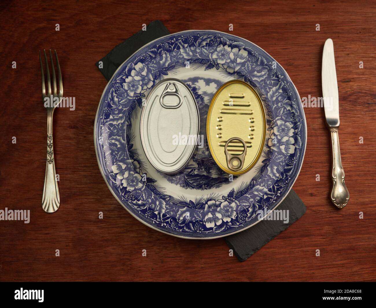 Different types of cans with prepared foods for consumption, vegetables ...