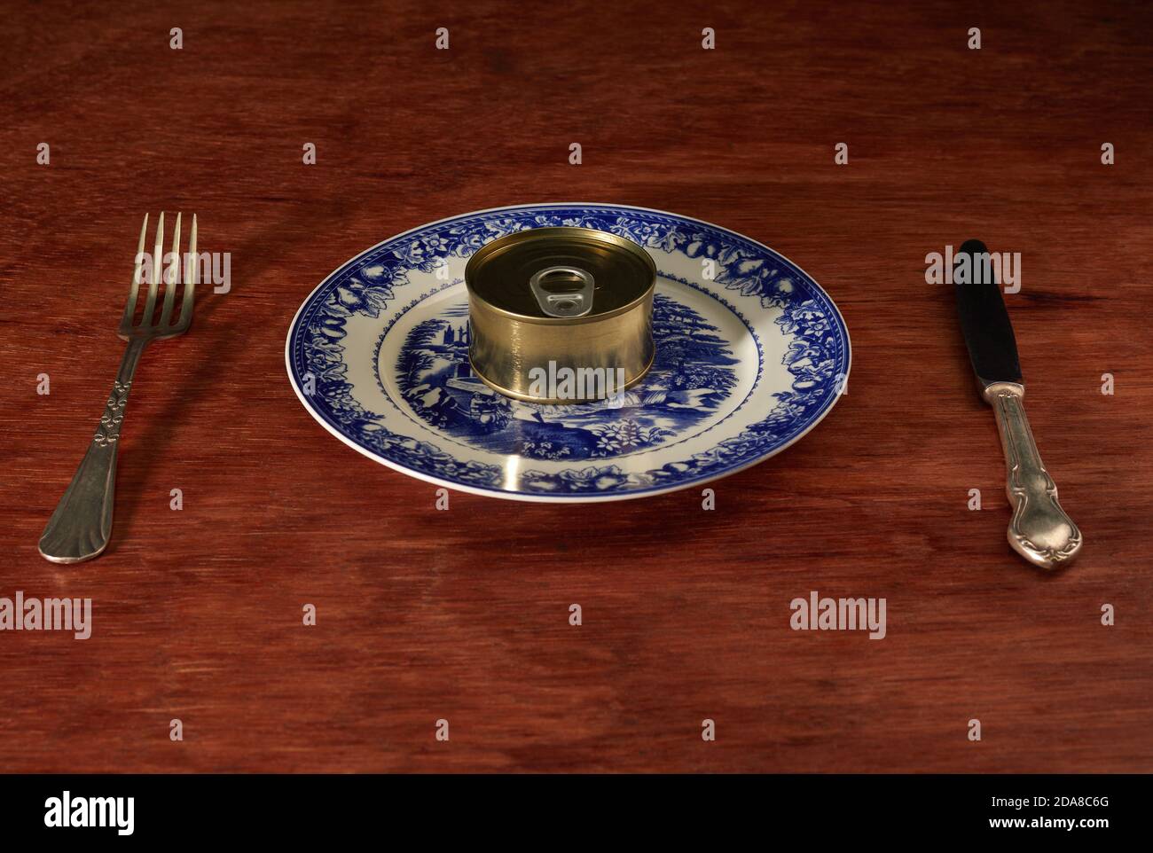 Different types of cans with prepared foods for consumption, vegetables ...