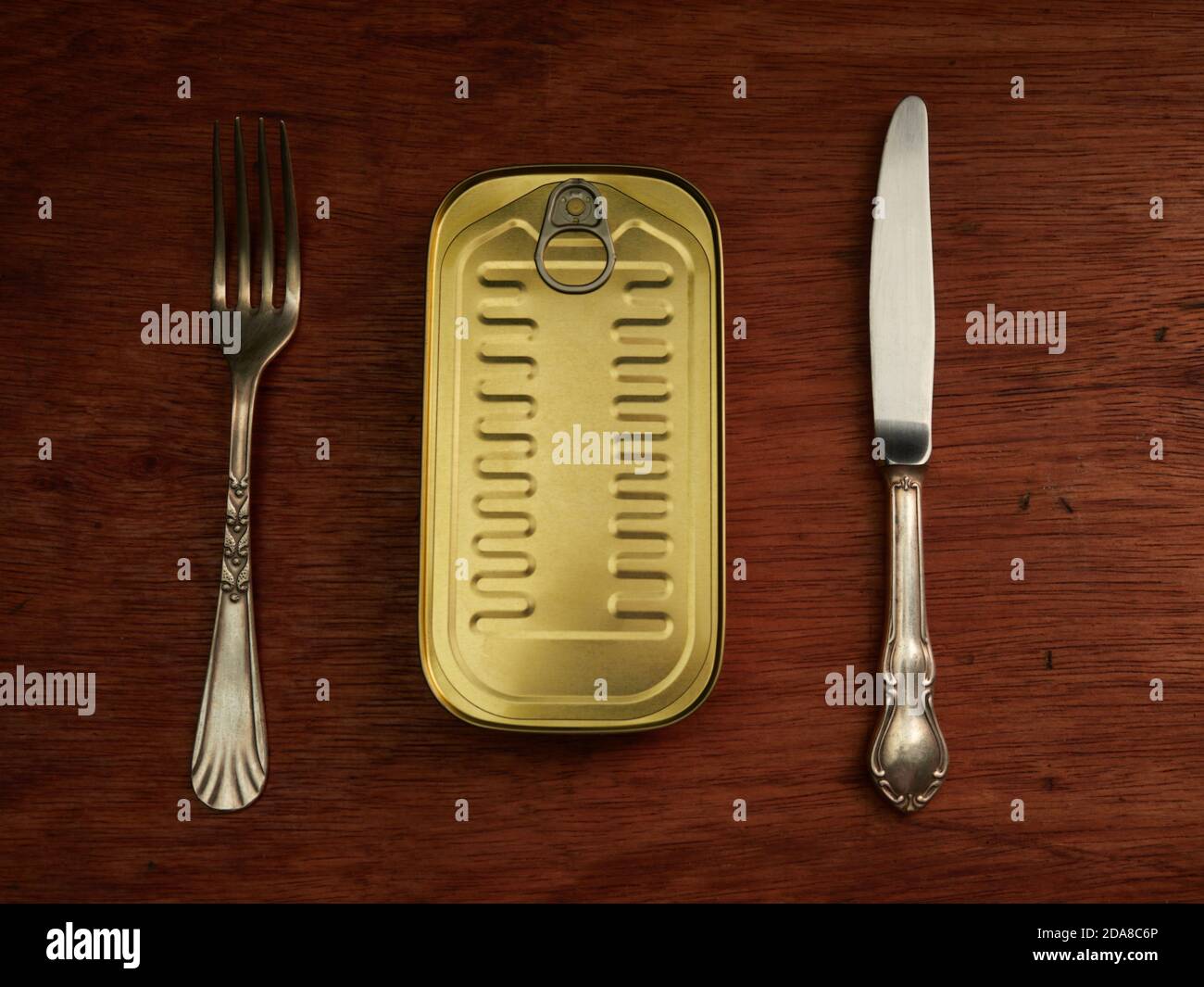 Different types of cans with prepared foods for consumption, vegetables ...