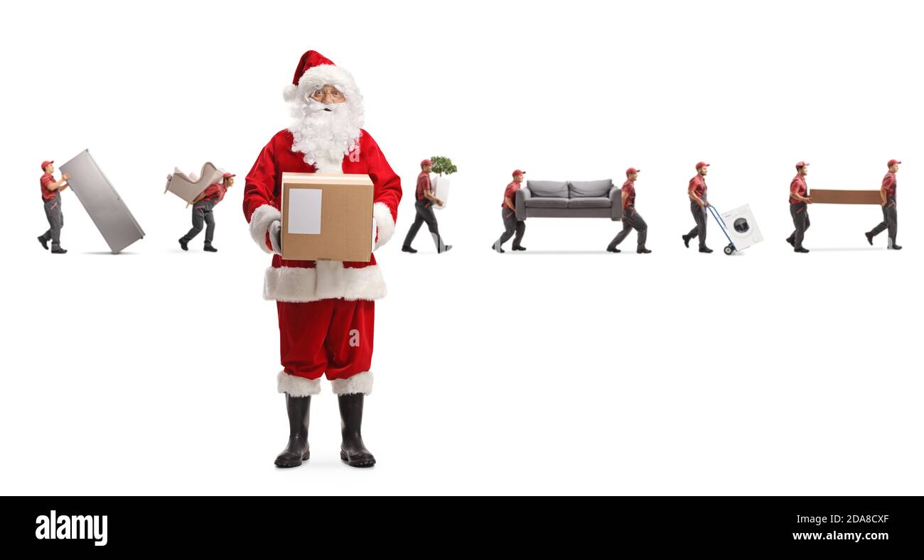 Santa Claus holding a box and movers carrying home appliences and ...