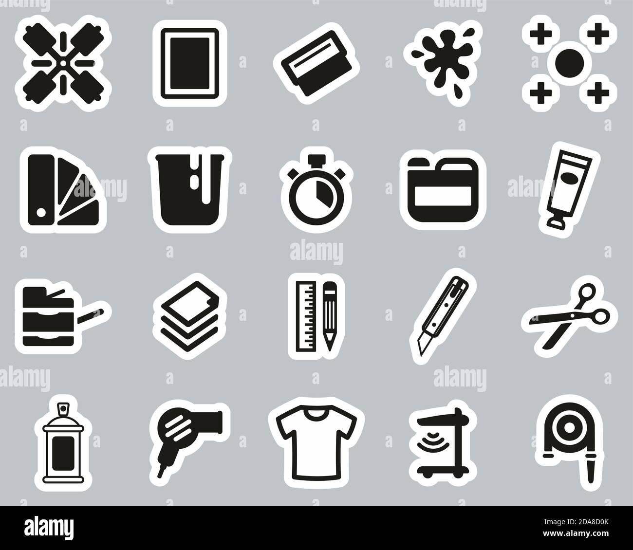 Screen Printing Icons Black & White Sticker Set Big Stock Vector Image ...