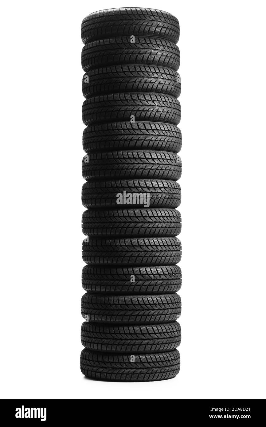 Pile of vehicle tires isolated on white background Stock Photo - Alamy