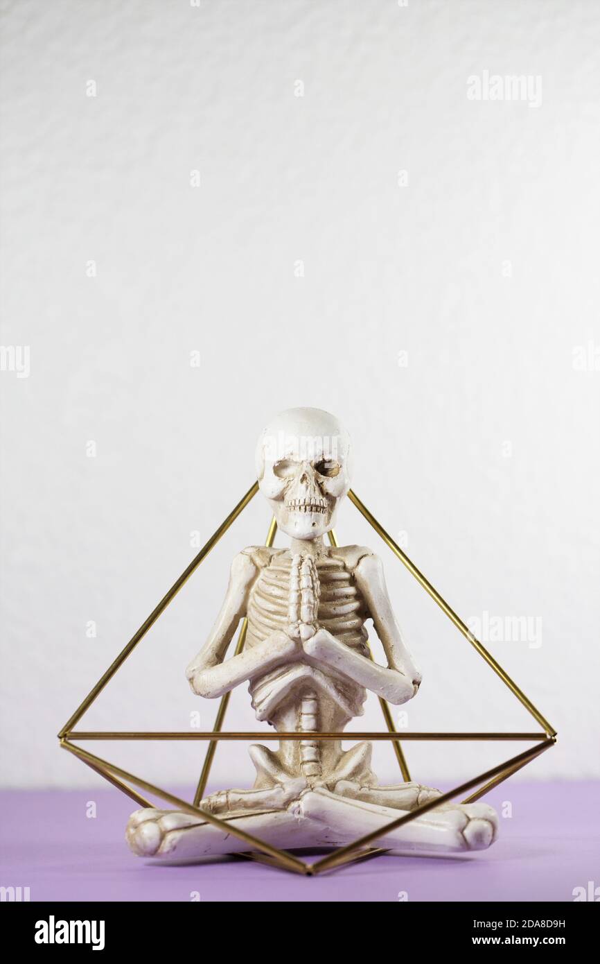 A meditating skeleton figure inside a metal geometric cage Stock Photo ...