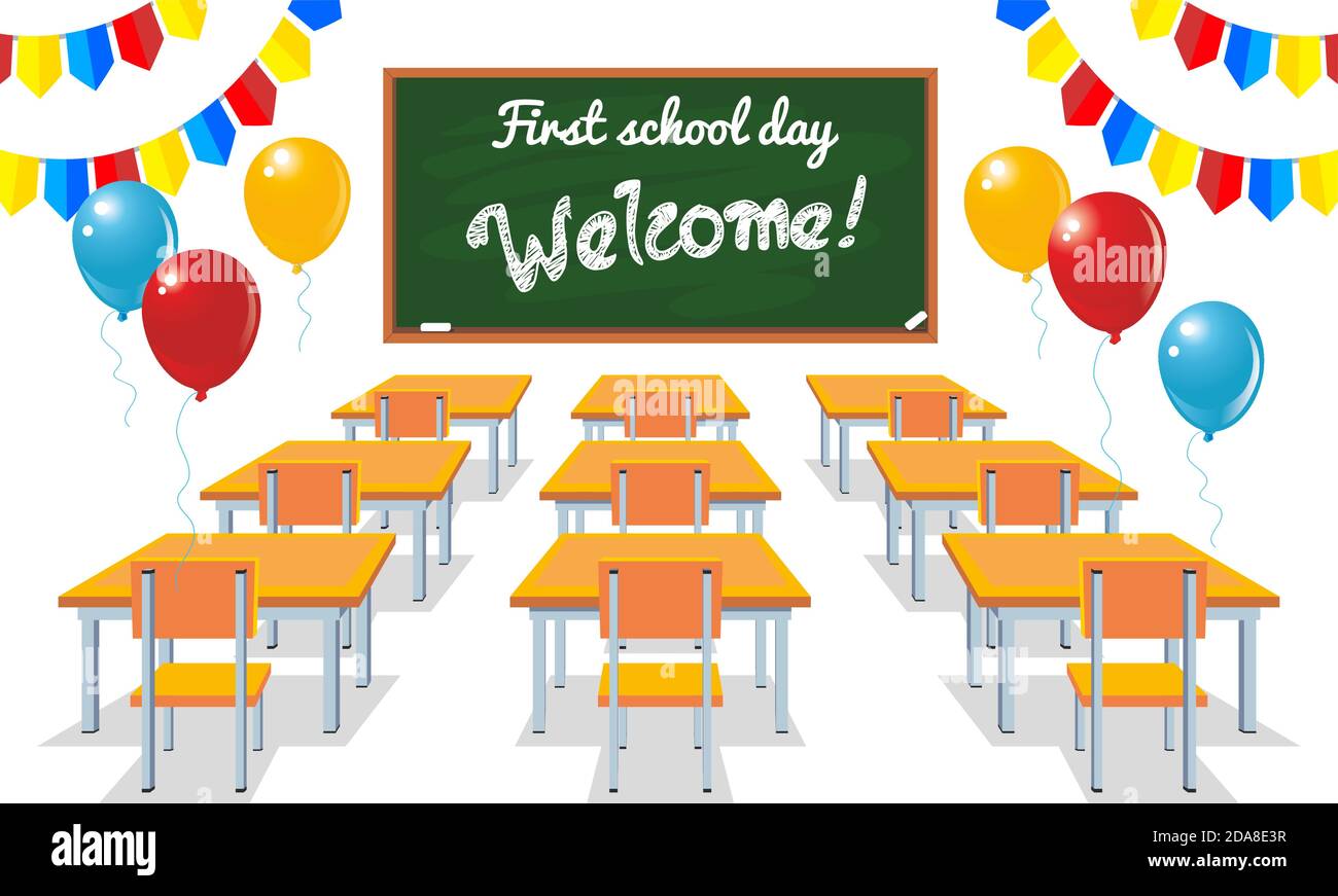 School chalkboard and desks. The inscription "Welcome! First school day ...
