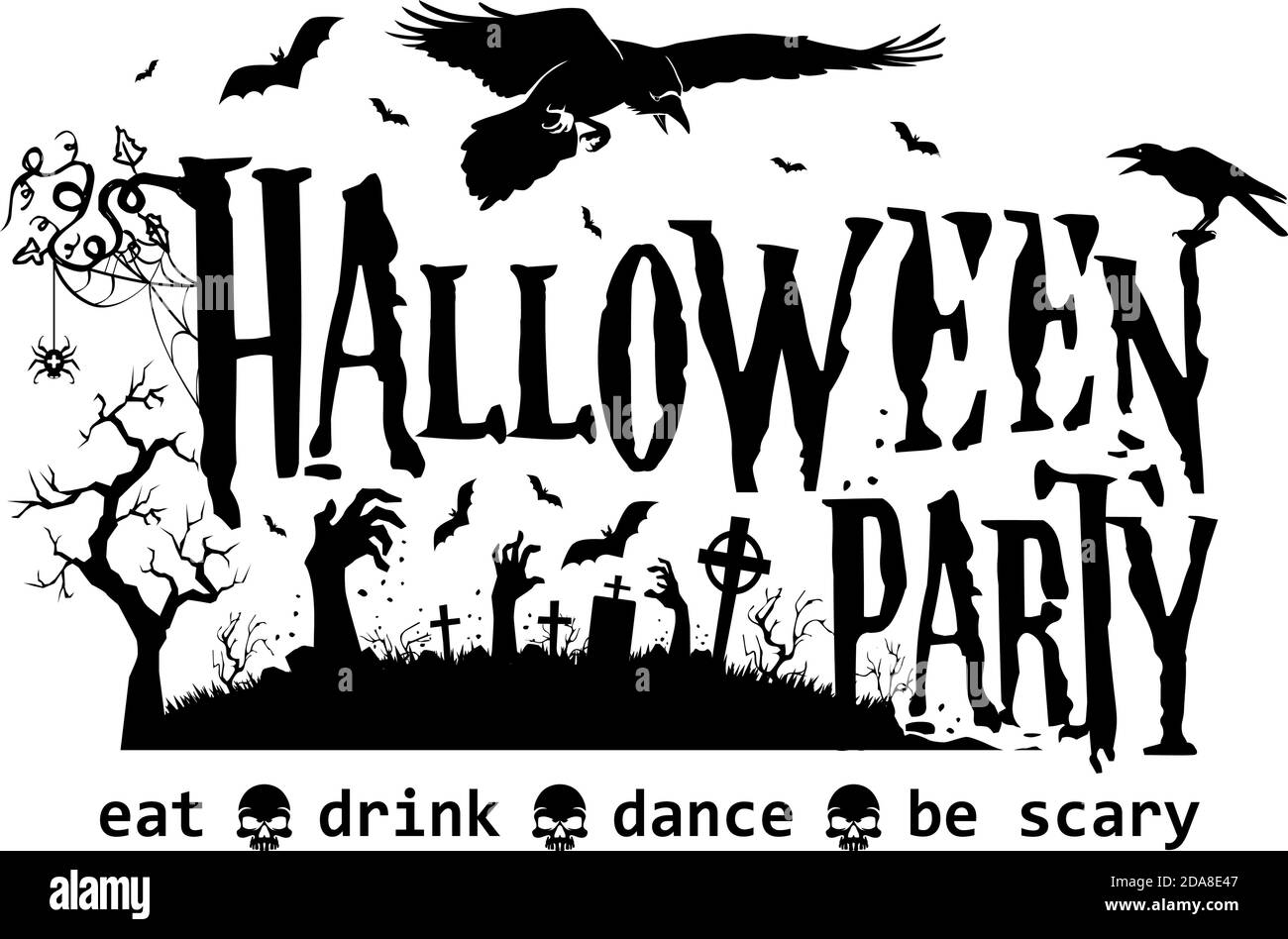 Halloween poster with horror elements: zombie hands, black raven ...