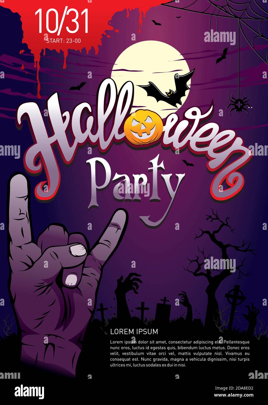 Halloween party posters with event elements: zombie hand, pumpkin, bat ...