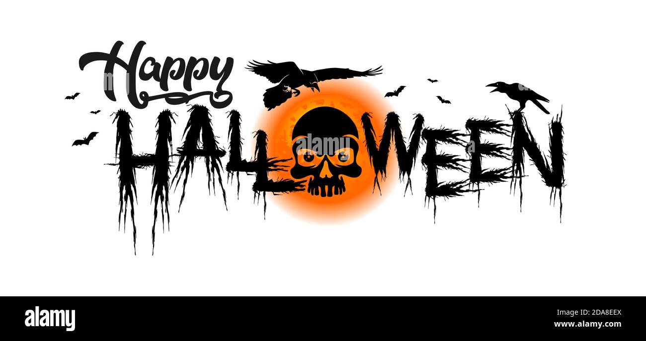 Halloween party poster with horror elements: full moon, skull, flying ...
