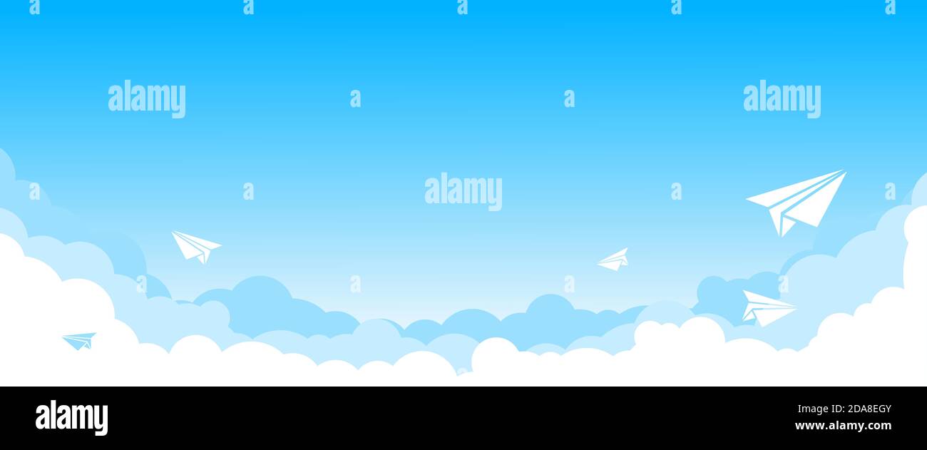 Paper airplanes in the light blue sky with clouds. Horizontal banner ...