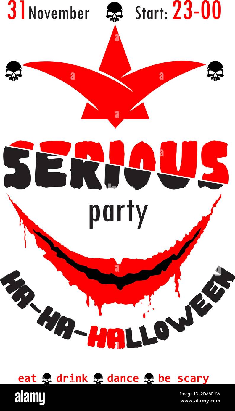 Halloween party flyer, invitation card. Joker smile, skull, blood ...