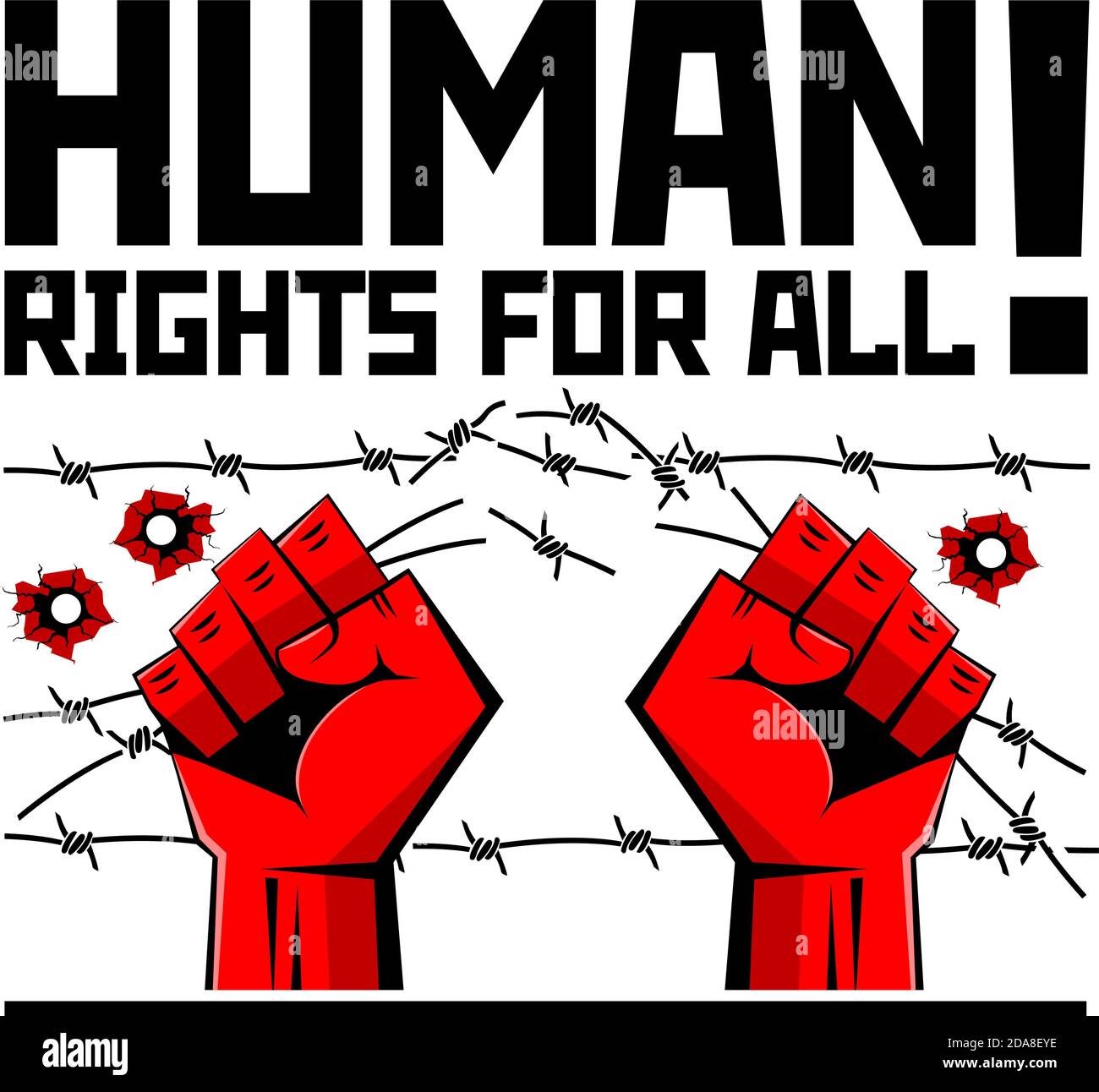 human rights FOR ALL. Human hands tear barbed wire. Propaganda, poster ...