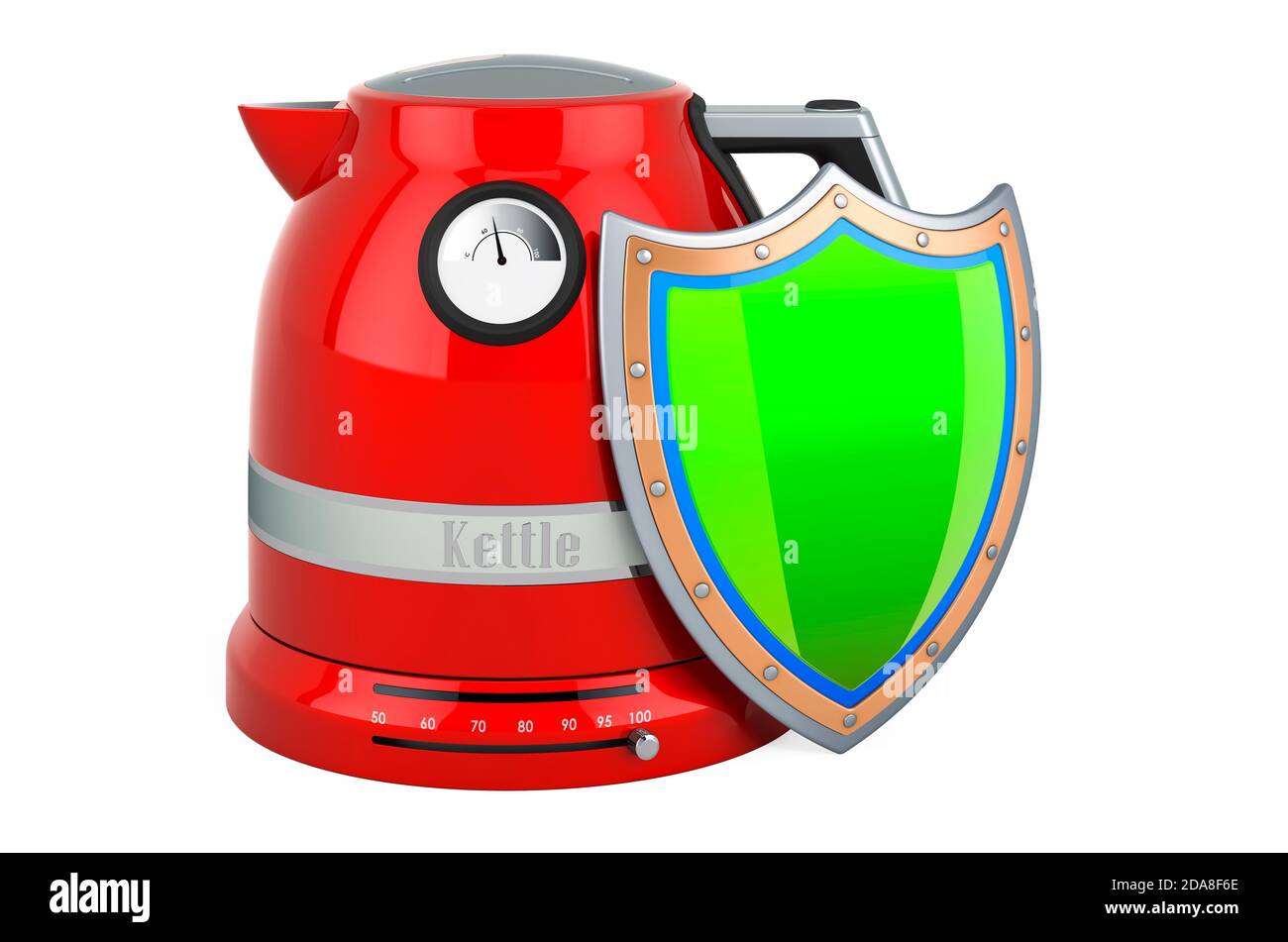 Electric kettle retro design with shield, 3D rendering isolated on ...