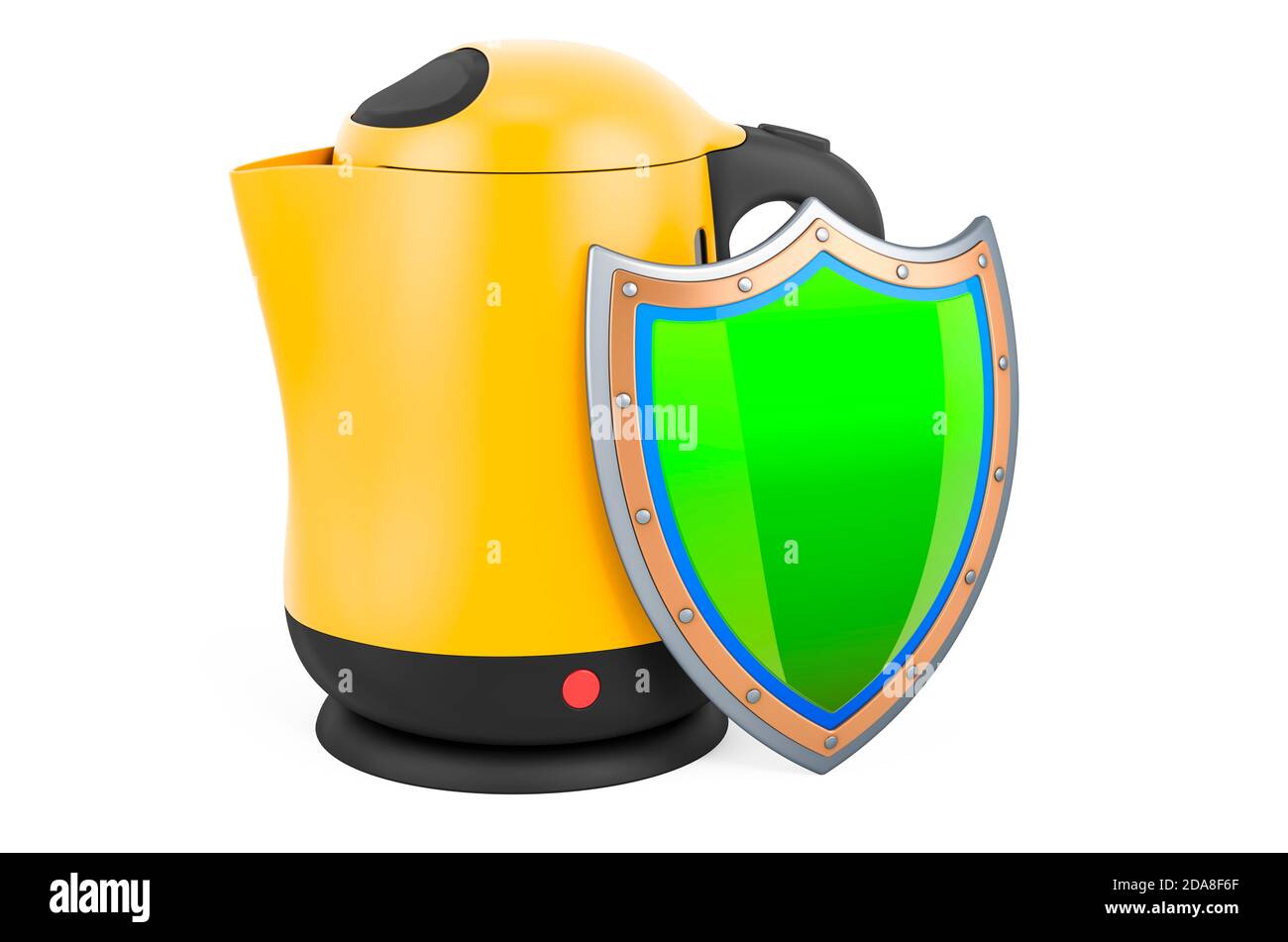 Electric kettle with shield, 3D rendering isolated on white background ...