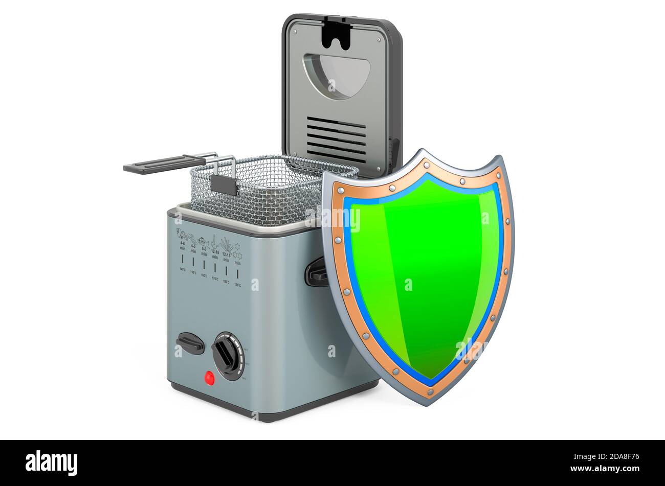 Deep fryer with shield, 3D rendering isolated on white background Stock ...
