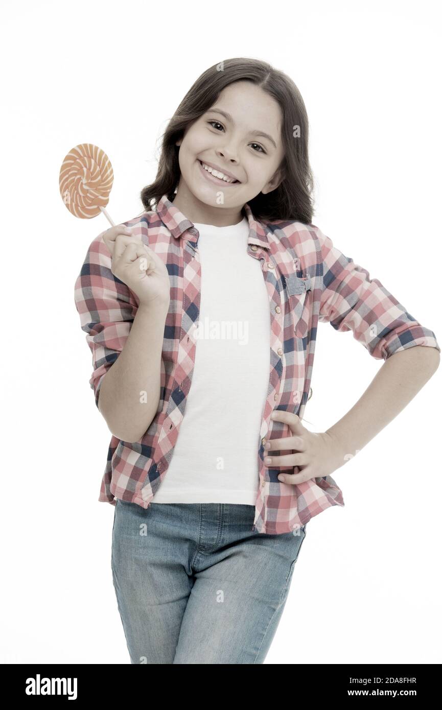 Childrens menu. Girl cute smiling face holds sweet lollipop. Sweets in ...