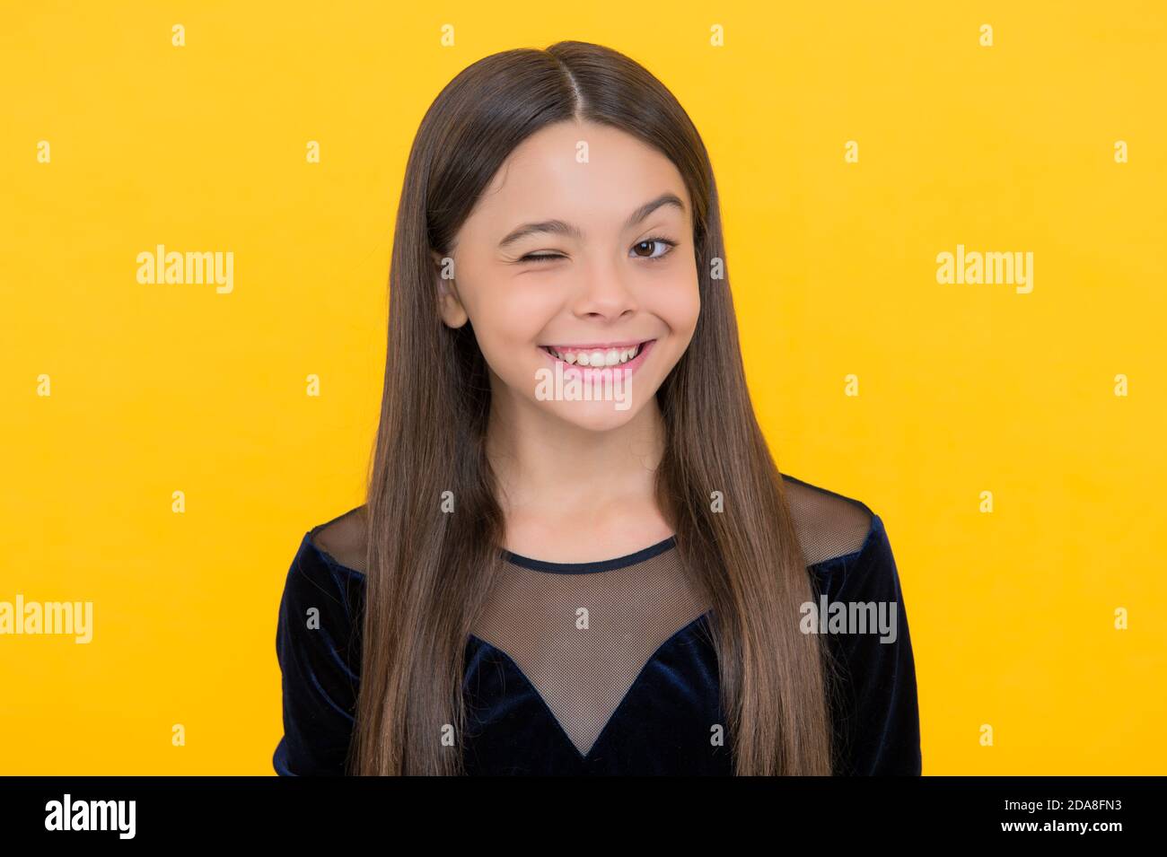 Keep skin clean. Happy girl smile winking yellow background. Skin ...