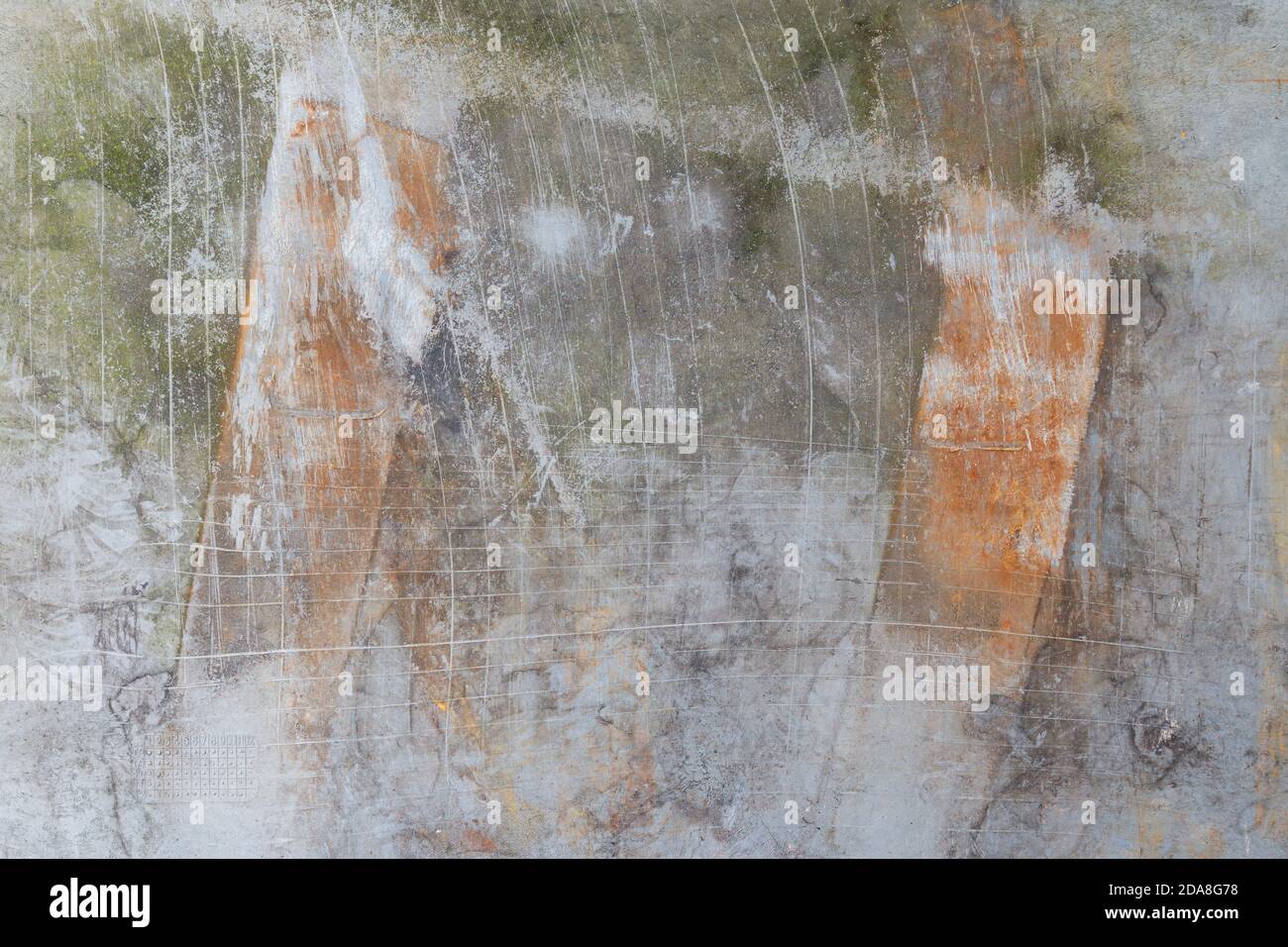 dirty and weathered plastic tank with scratches and rust markings, use ...