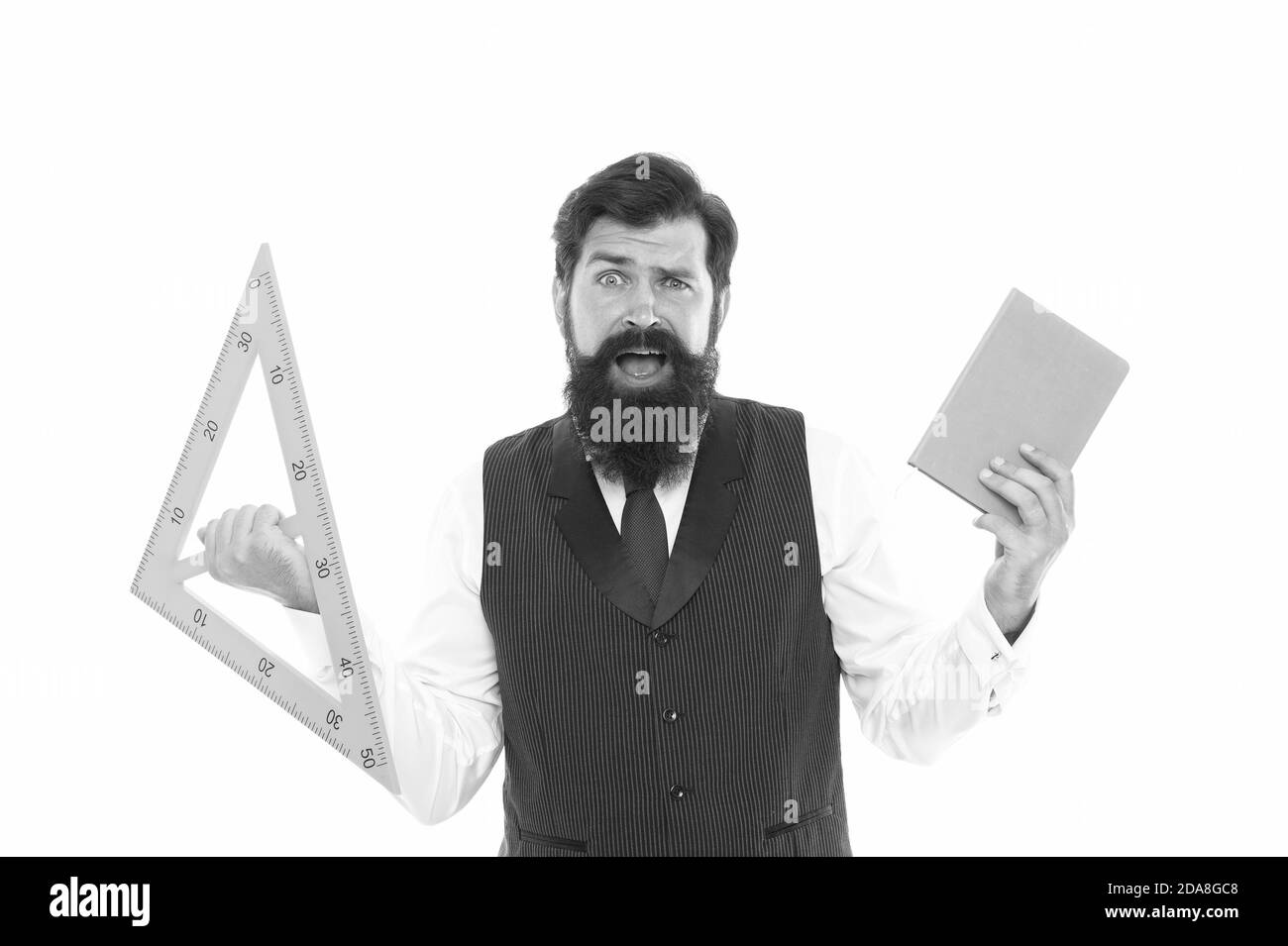 Be wise guy, give math try. Scared man back to school. Bearded man hold ...